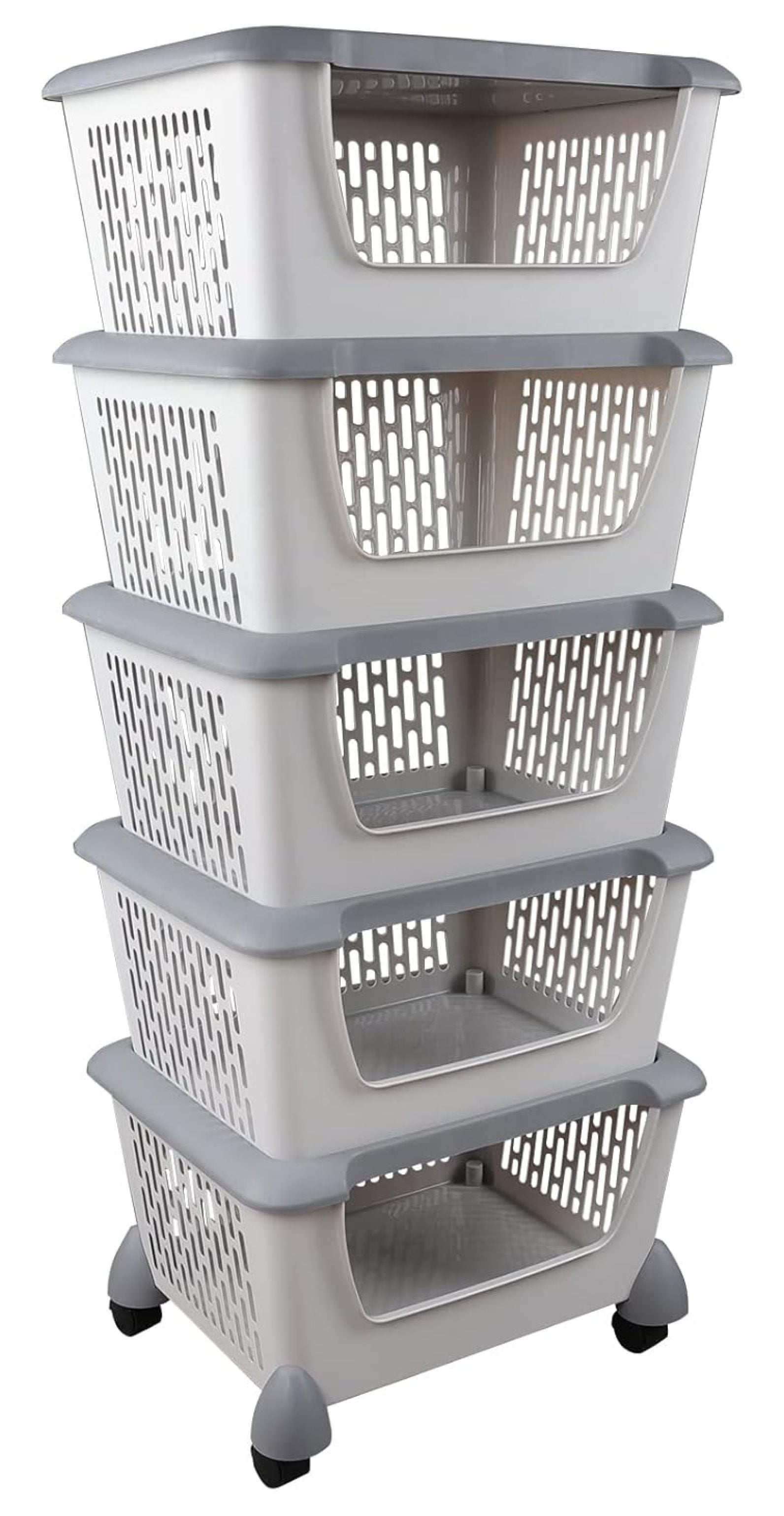 Stacking Storage Baskets 5 Pack with Wheels - Detachable Shelves Bins ...