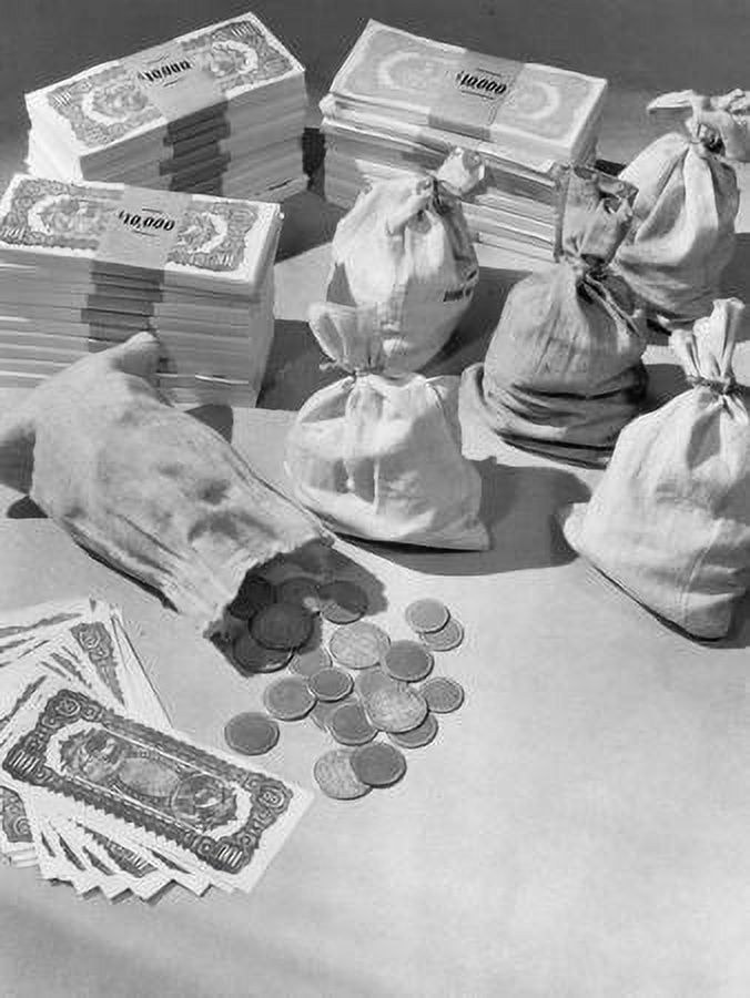 Stacks of $100 Bills, Coins, and Money Bags, Unframed Photographic ...
