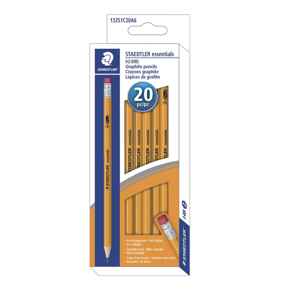 Staedtler Essentials Pre-Sharpened HB #2 Yellow Wood Graphite Pencils, with latex-free pink ...