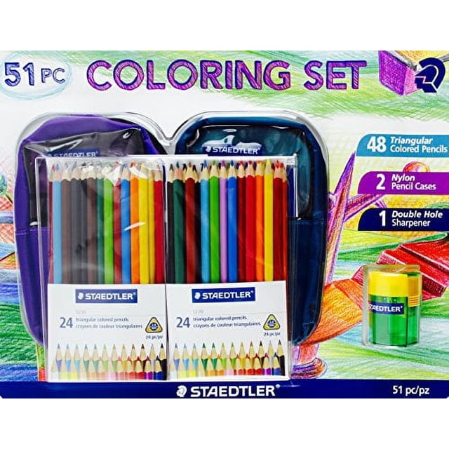 Staedtler Set, 48 Triangular Colored Pencils 2 Nylon Cases Double Hole ...