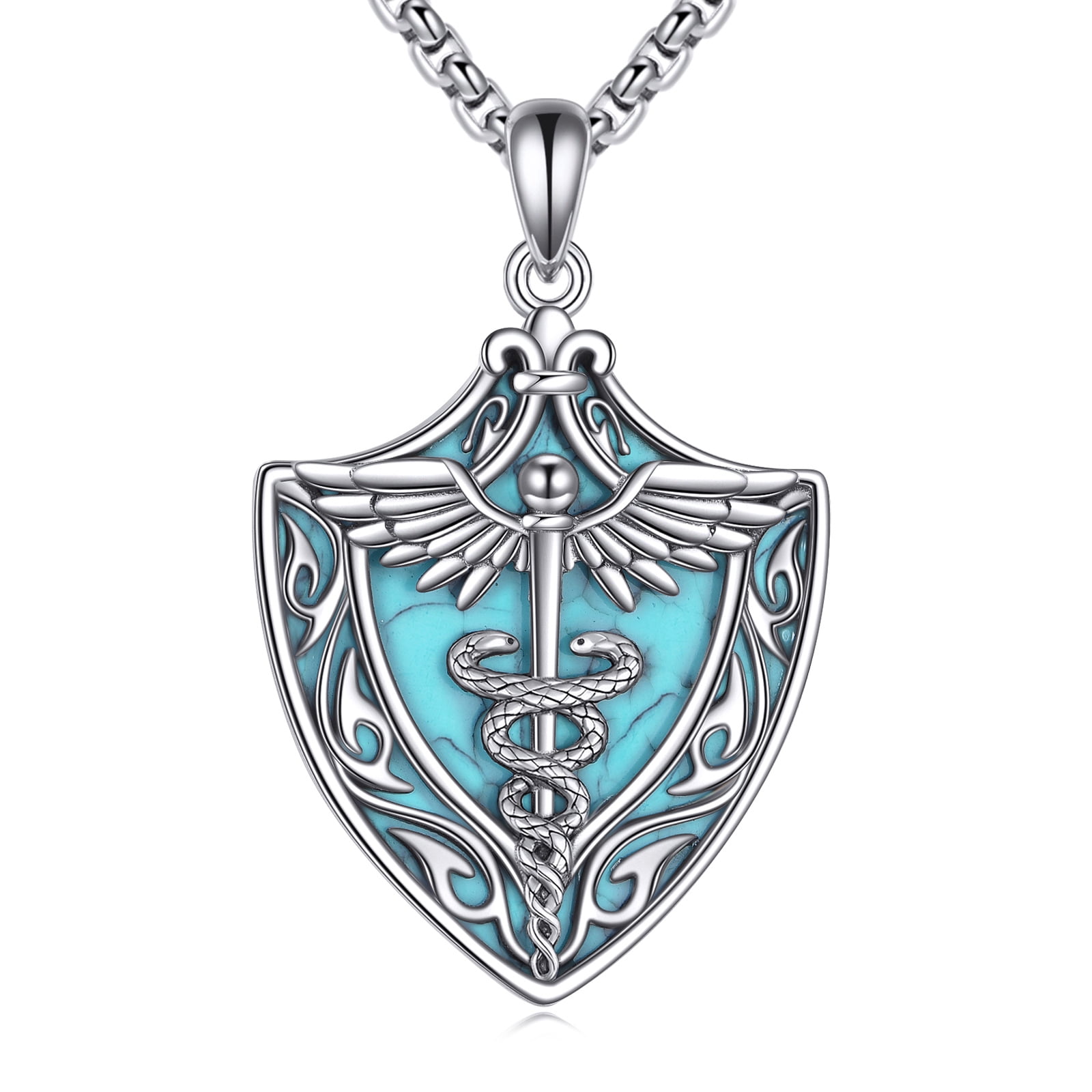 Staff of Caduceus Necklace 925 Sterling Silver Shield Staff Angel Wings ...