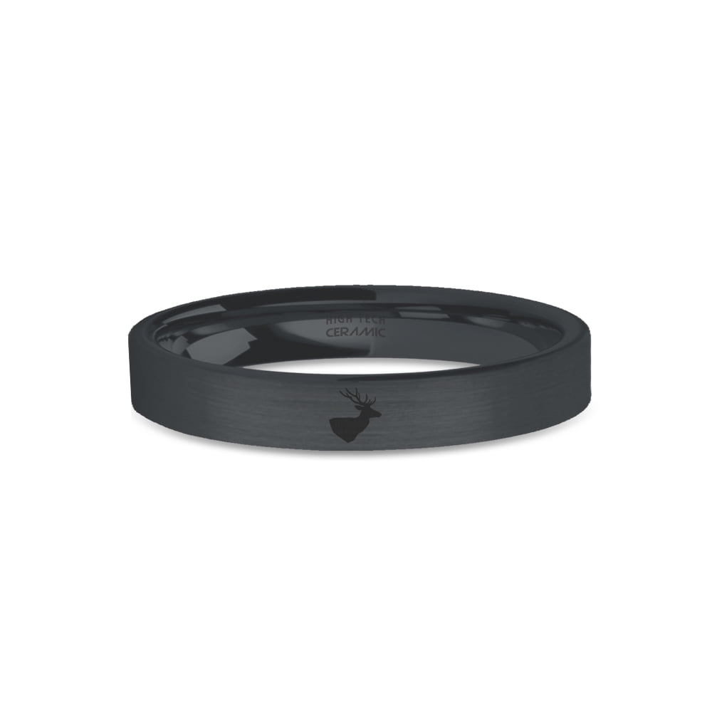 Stag Head Deer Engraved Black on Black Brushed Ceramic Wedding Ring ...