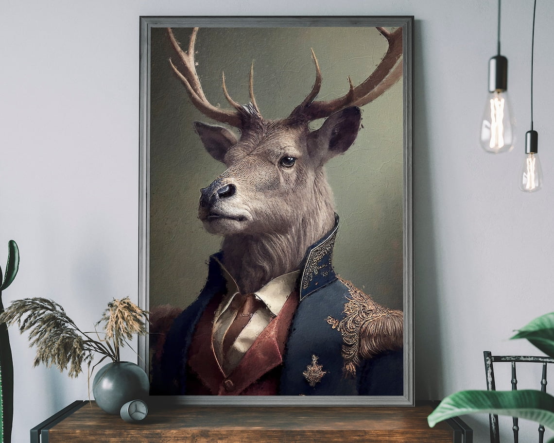 Stag Vintage Portrait - Renaissance Animal Painting Altered Art Print ...