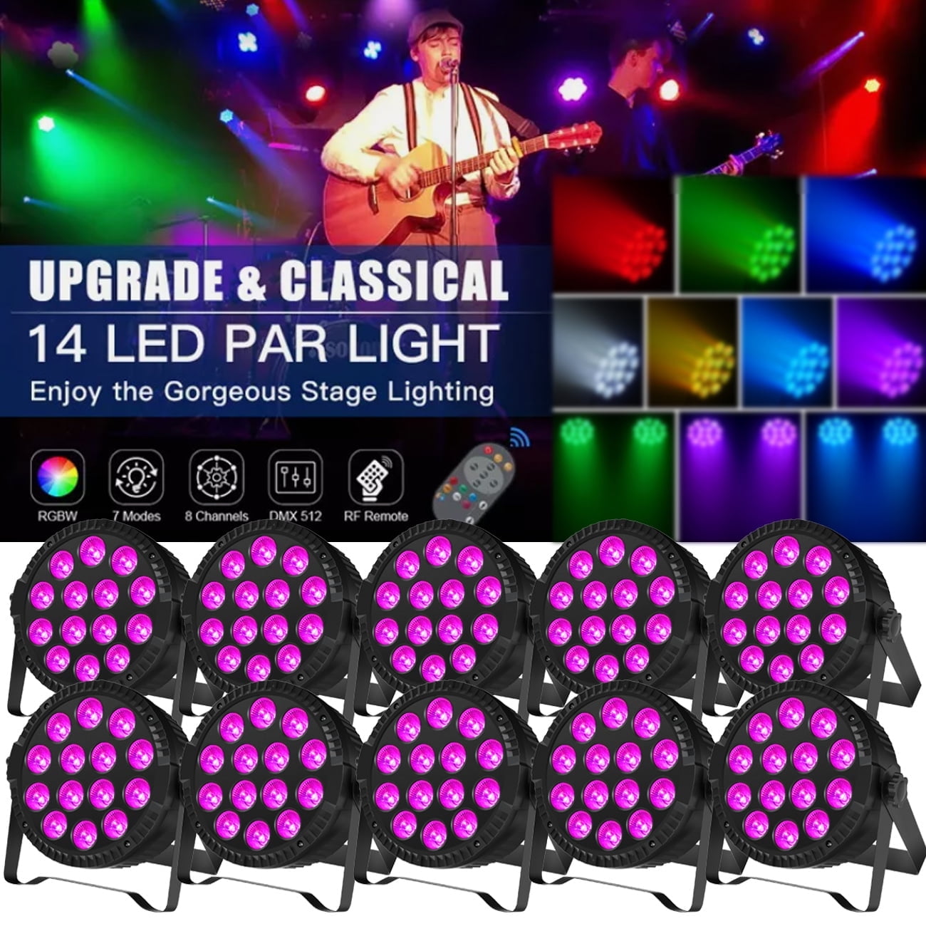 Stage Lights,14 DJ LED Par Light 10pcs RGBW Party Lights 4/8CH Uplights ...