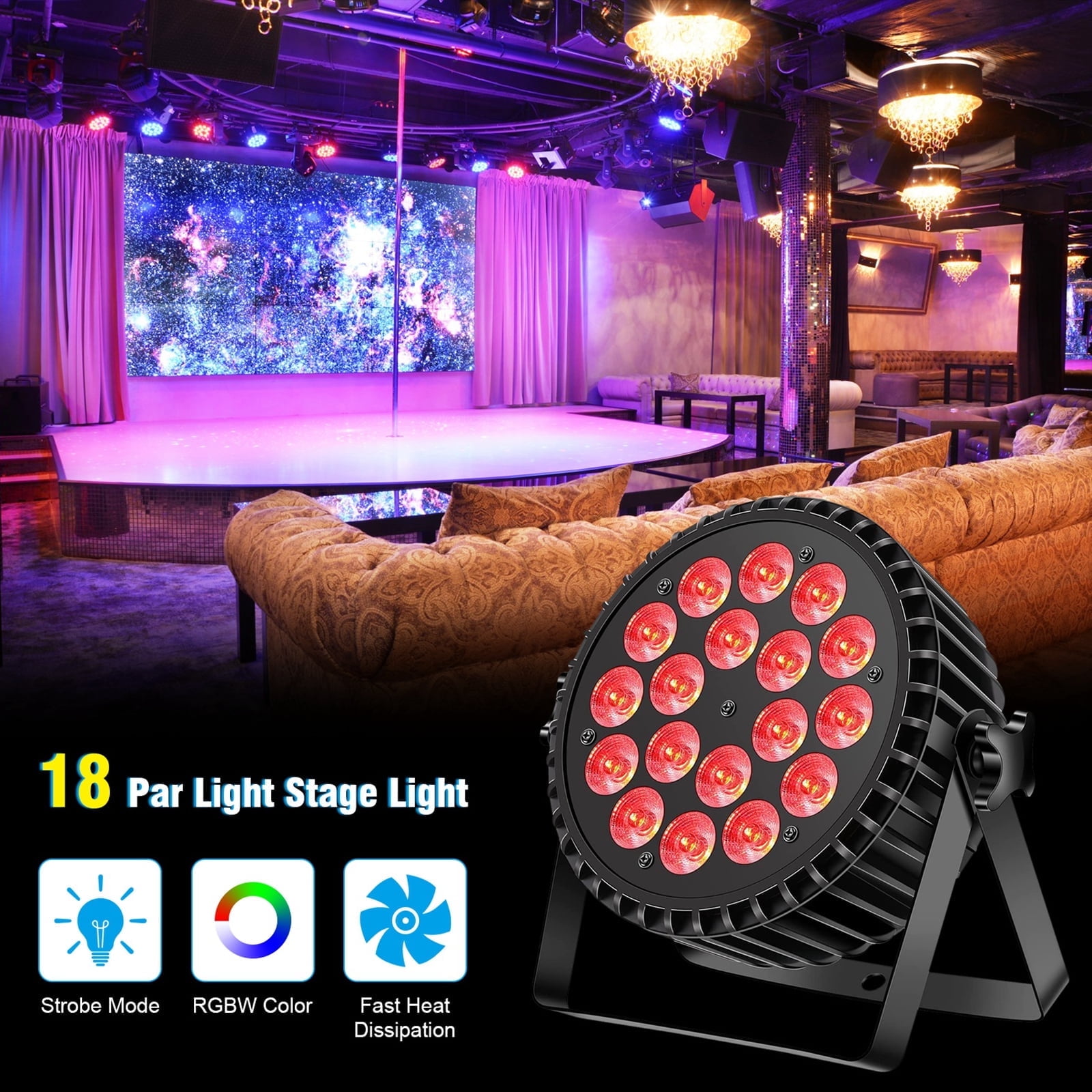 Stage Lights 18x10W Corded LED Par Lights, 4 in 1 RGBW LED Stage Effect by DMX512 and Sound ...