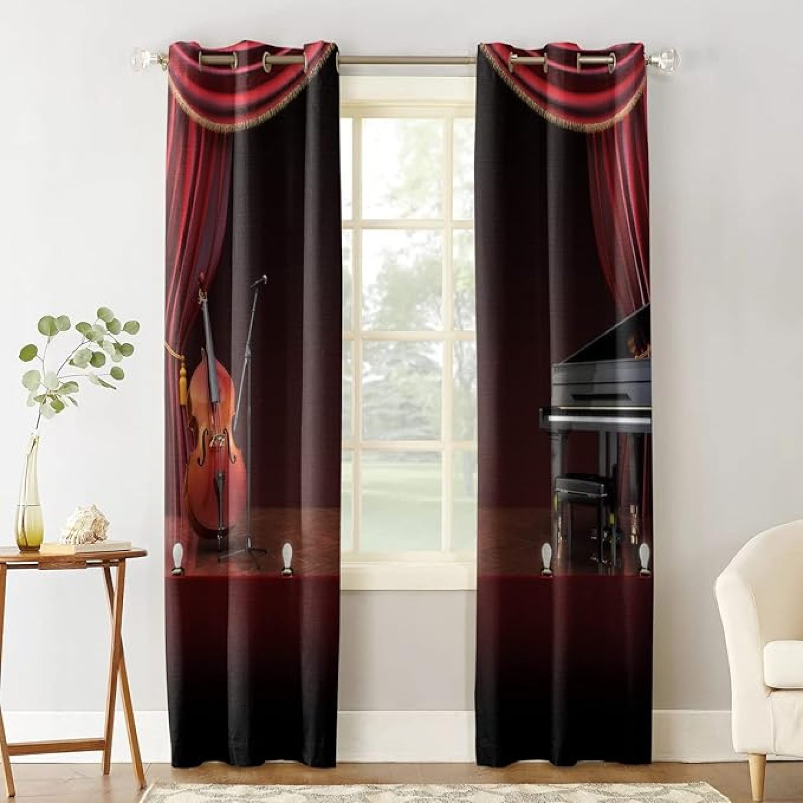 Stage Piano Blackout Curtains, 3D Guitar Music Print Window Curtains ...