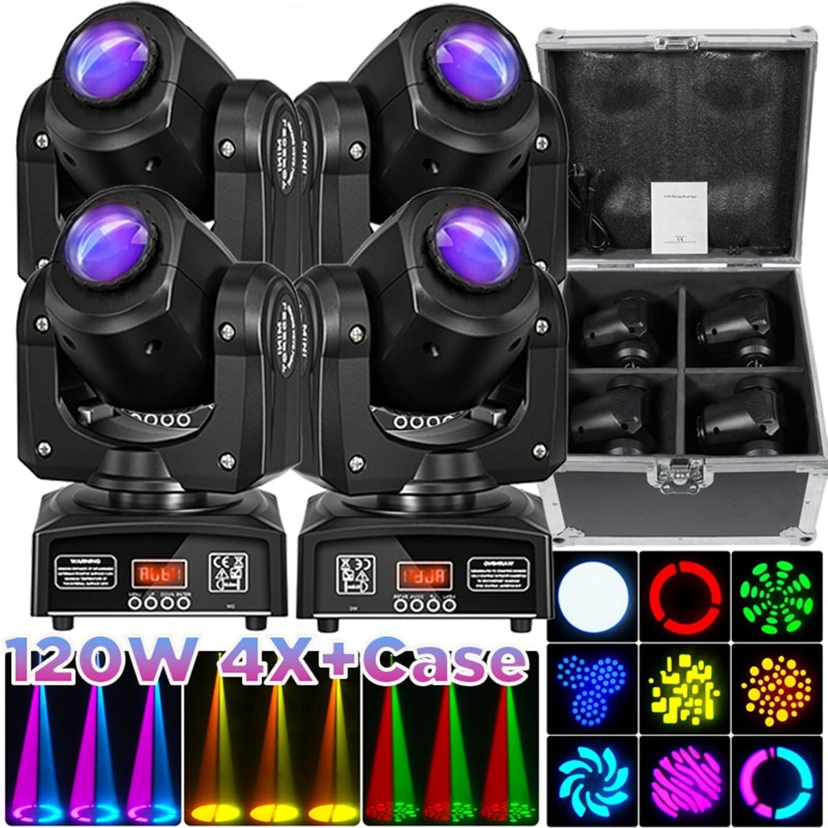 4pcs RGBW LED Disco Lights - DMX 512, Sound Activation, 8 Gobos/Colours ...