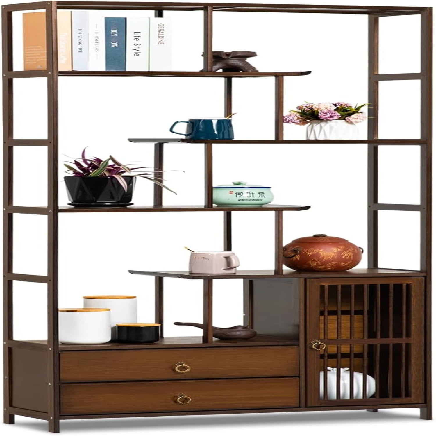 Staggered 5-Tier Bookshelf with Drawer and Cabinet 39" L x 9.8" W x 68. ...