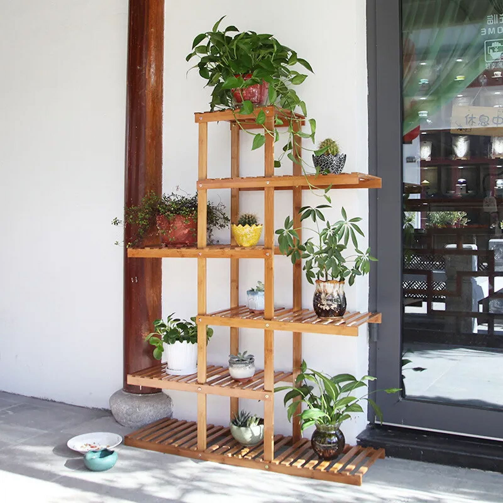 Staggered 6-Tier Bonsai Flower Pots Shelf Tall Wooden Plant Stand ...