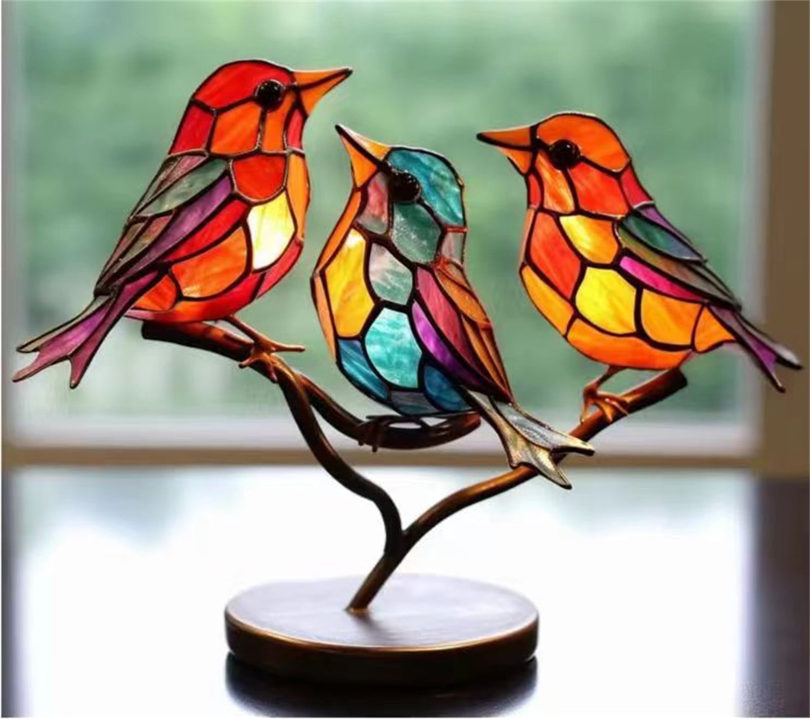 Stained Acrylic Birds on Branch Desktop Ornaments, Stained Glass Bird ...