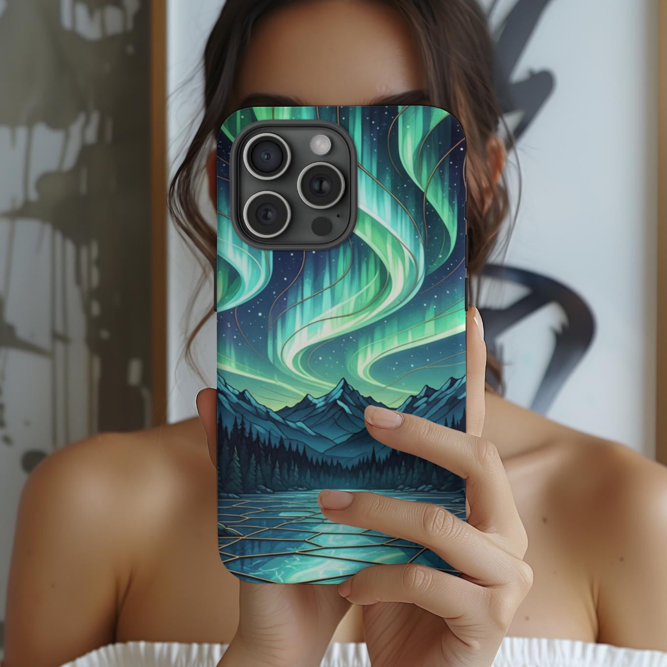 Stained Glass Aurora Borealis Forest Scenic Phone Case for iPhone 17 ...
