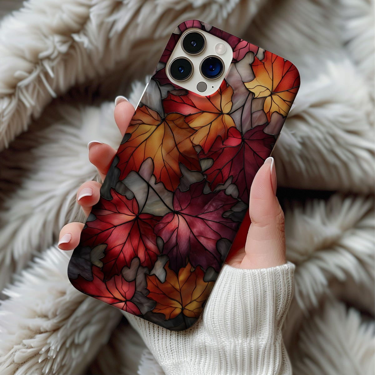 Stained Glass Autumn Leaves Phone Case with a Dark Red Burgundy Maple ...
