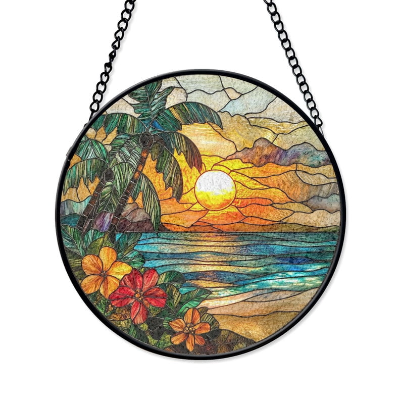 Stained Glass Beach Sunset Suncatcher Decor, Faux Stained Glass Beach ...