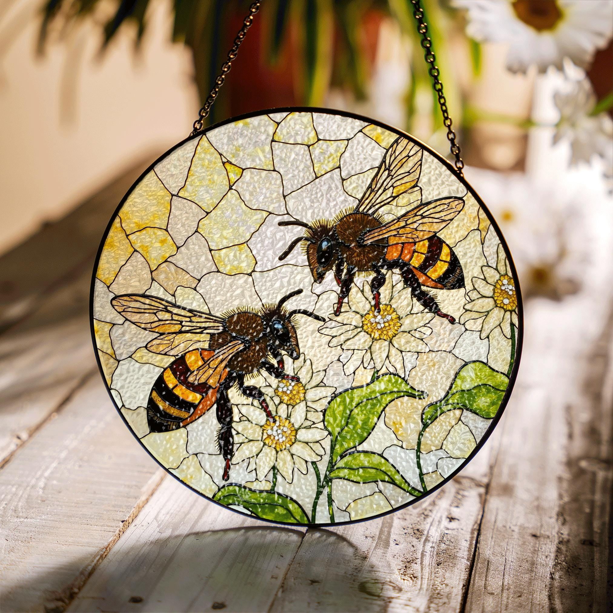 Stained Glass Bee Suncatcher Floral Nature Decor Gift for Gardeners and ...