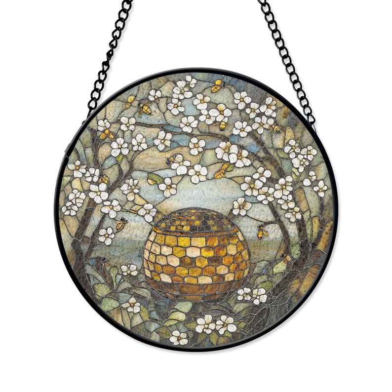 Stained Glass Beehive and Blossoms Window Hanging, Charming Nature ...