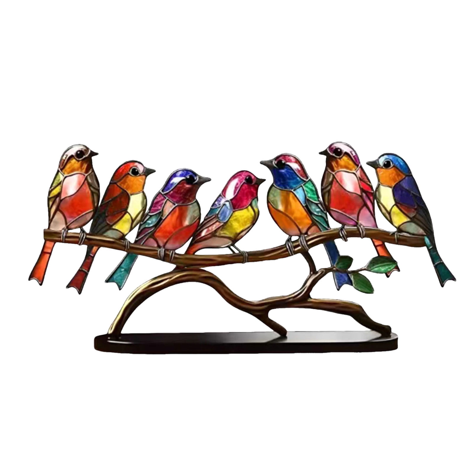 Stained Glass Birds on Branch Desktop Ornament - Flat Double-Sided Acrylic/Metal Art with 7 ...