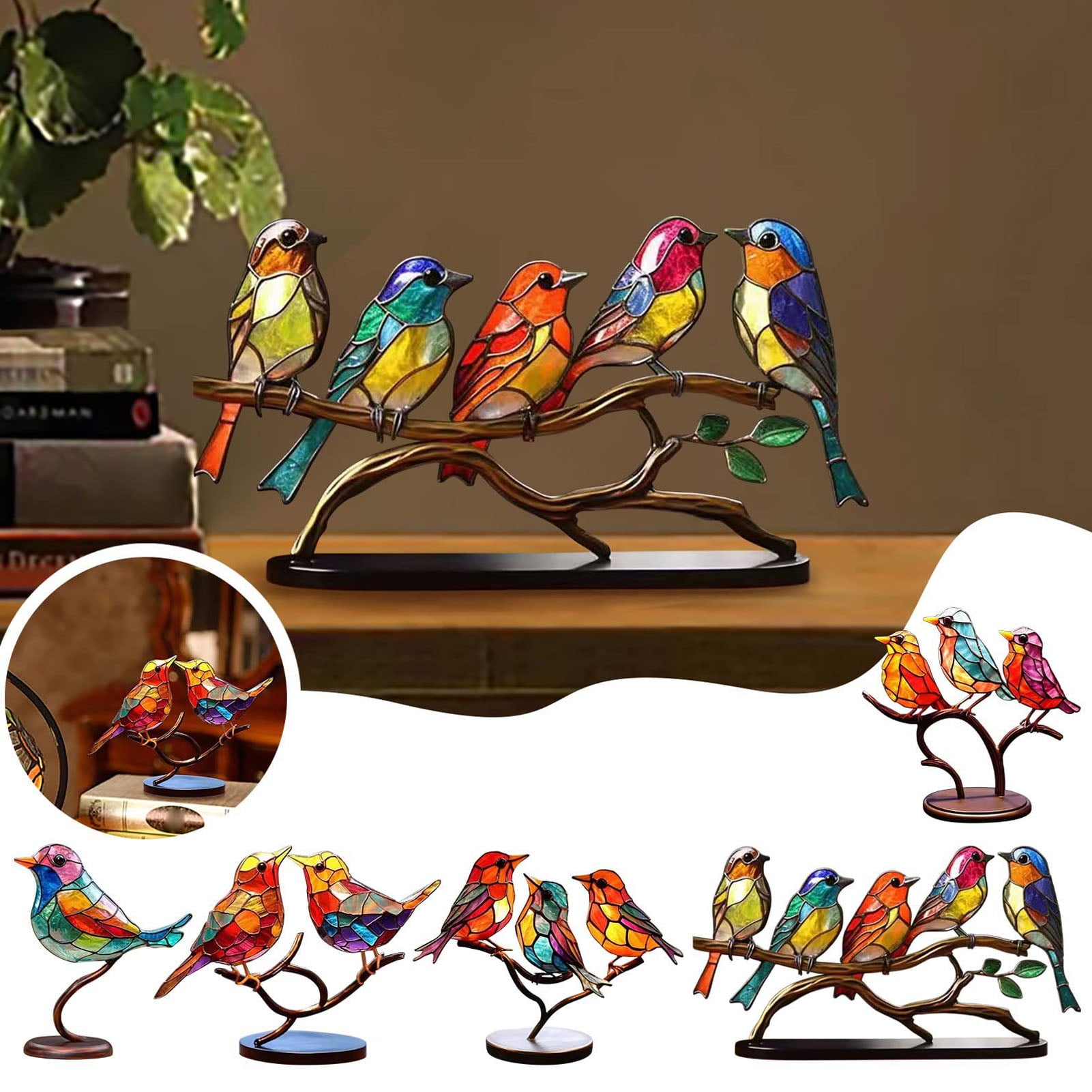 Stained Glass Birds On Branch Desktop Ornaments, Acrylic Metal Bird ...