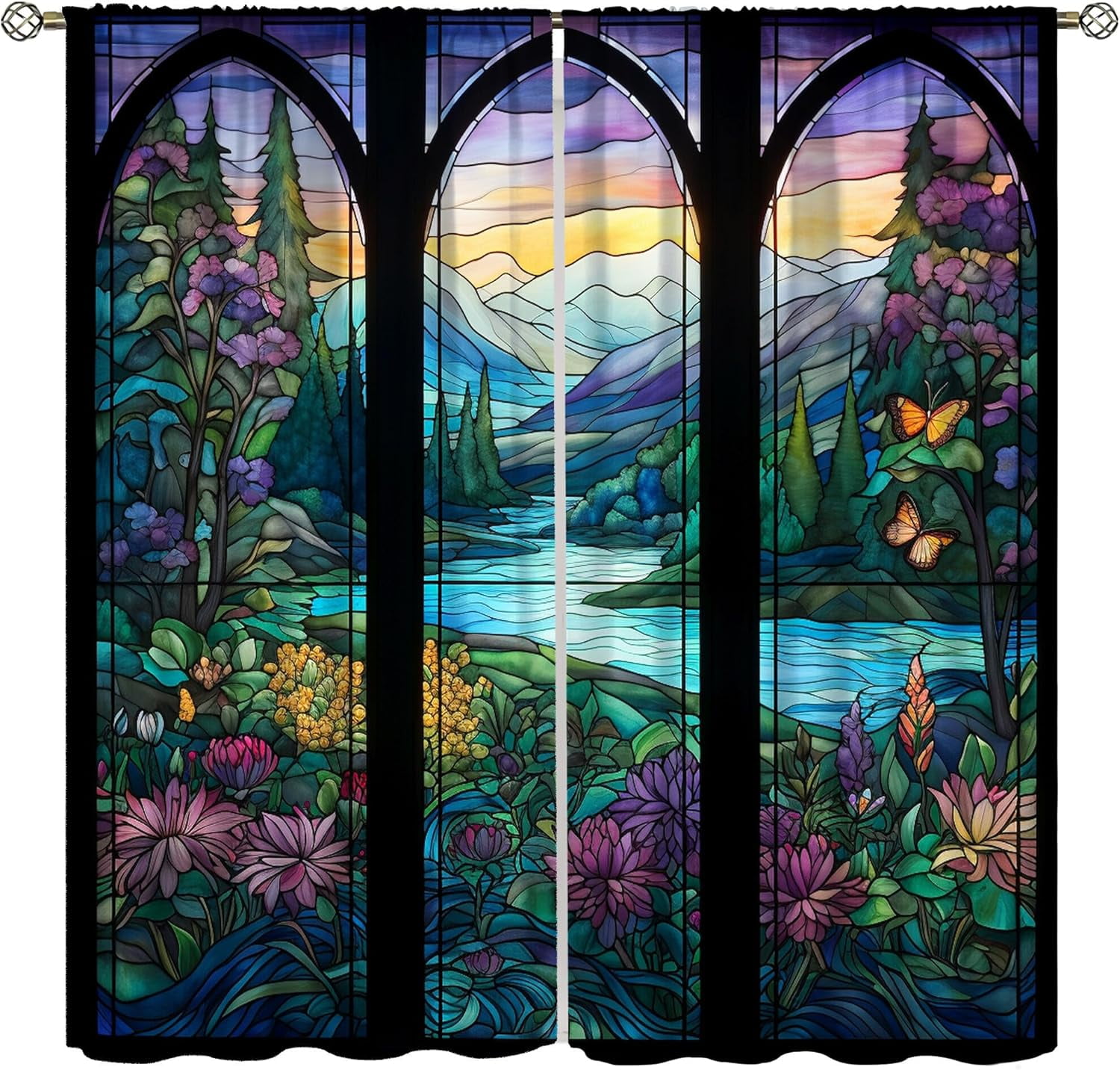 Stained Glass Blackout Curtains Windows Nature Themed Colorful ...