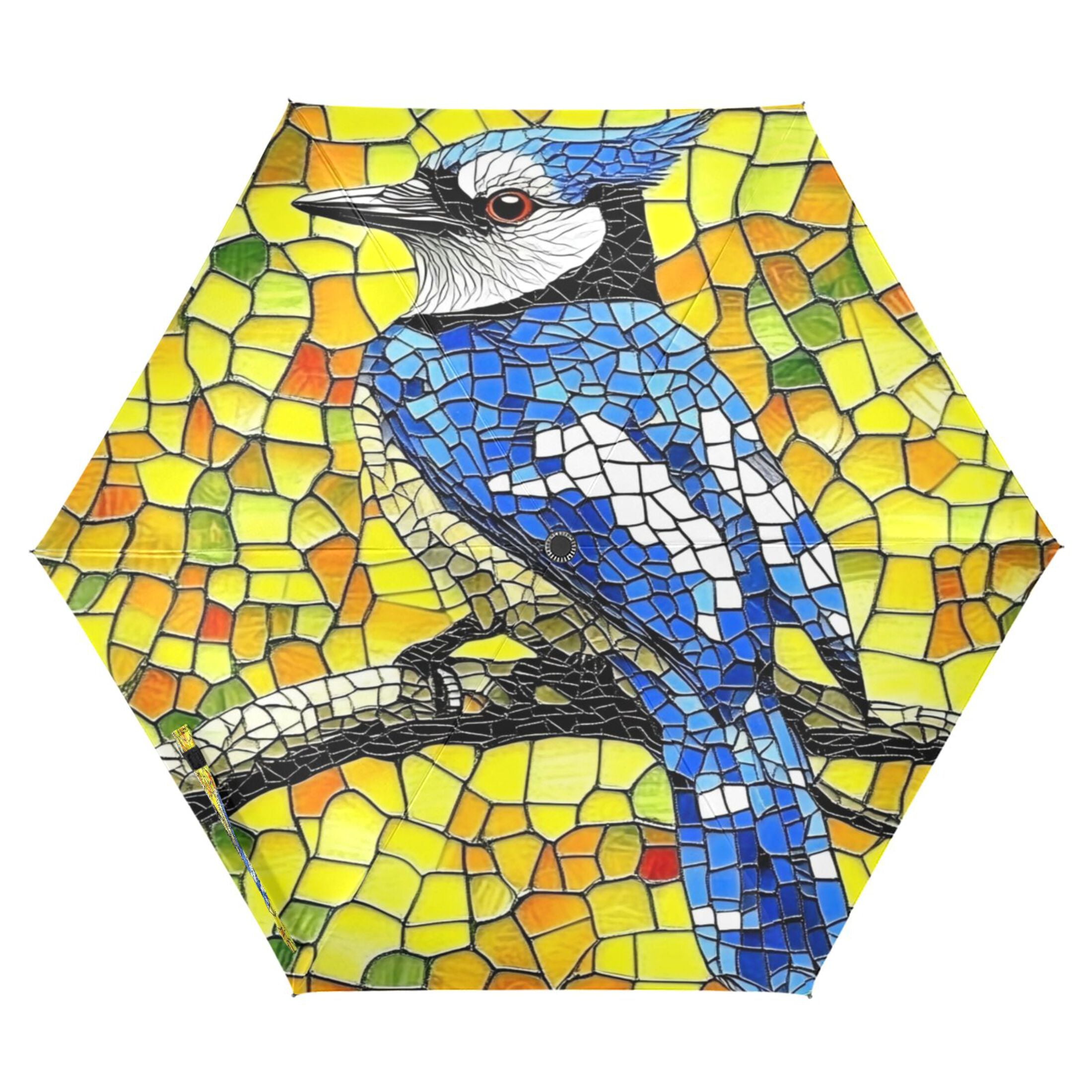 Stained Glass Blue Jay Folding Umbrella UV50+ Waterproof Sun Protection ...