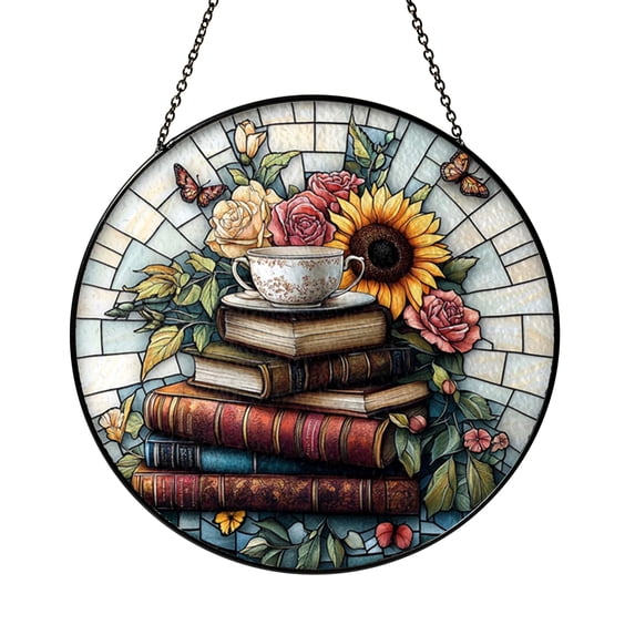 Stained Glass Book And Tea Suncatcher, Reading Window Hanging Decor ...
