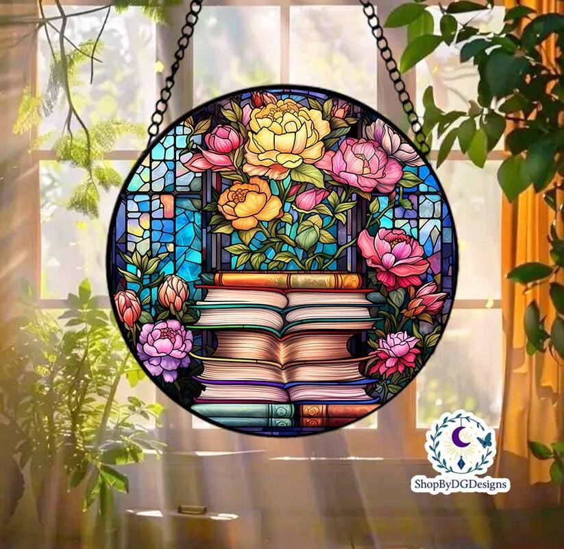 Stained Glass Book and Rose Suncatcher, Colorful Floral Hanging Window ...