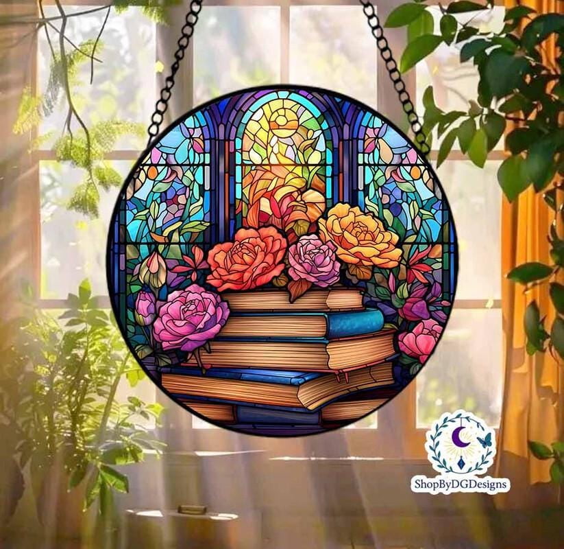 Stained Glass Book and Rose Suncatcher, Colorful Flower Window Garden ...