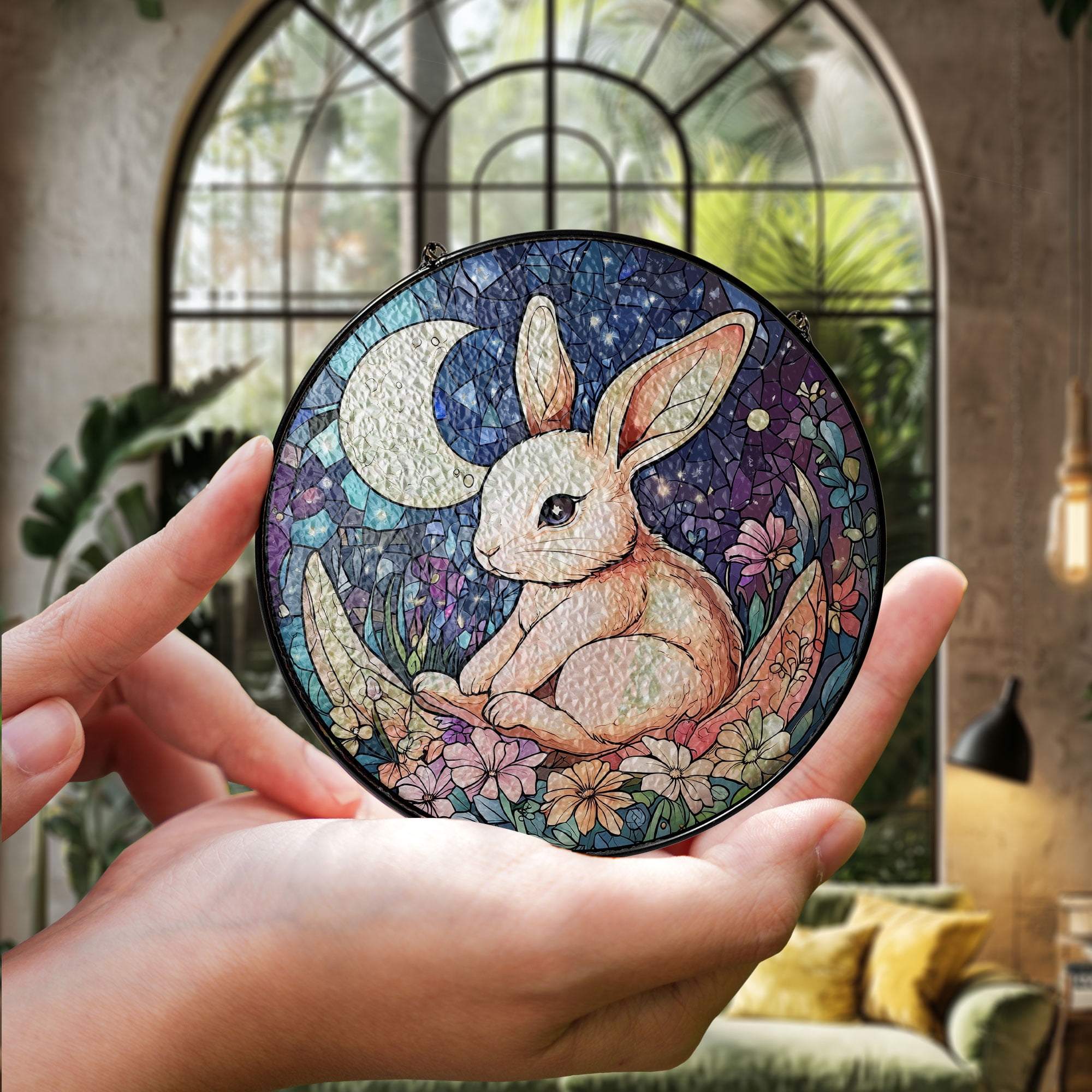 Stained Glass Bunny with Moon Suncatcher – Enchanting Spring Decor ...