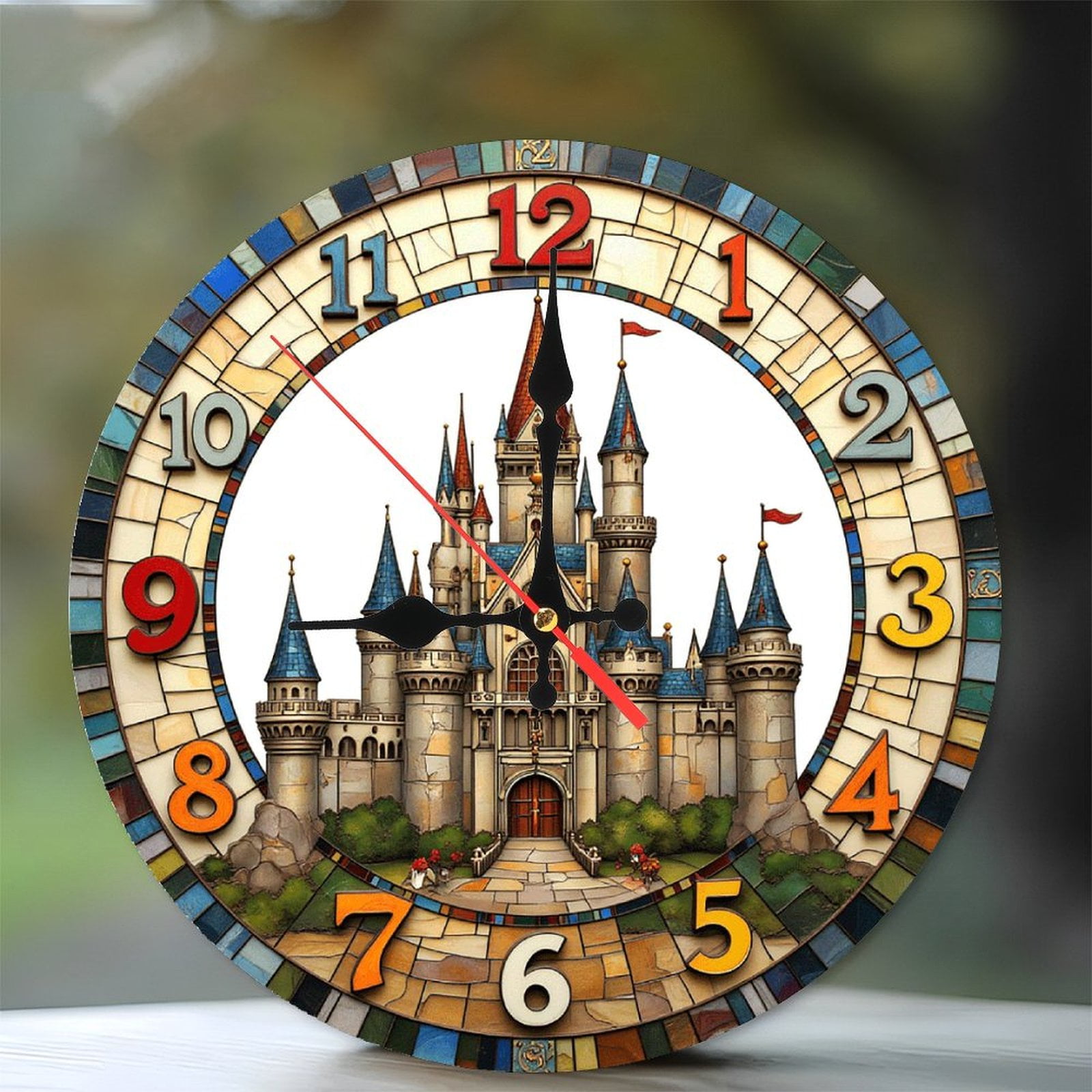 Stained Glass Castle Wall Clock with Colorful Design 10-Inch Silent ...
