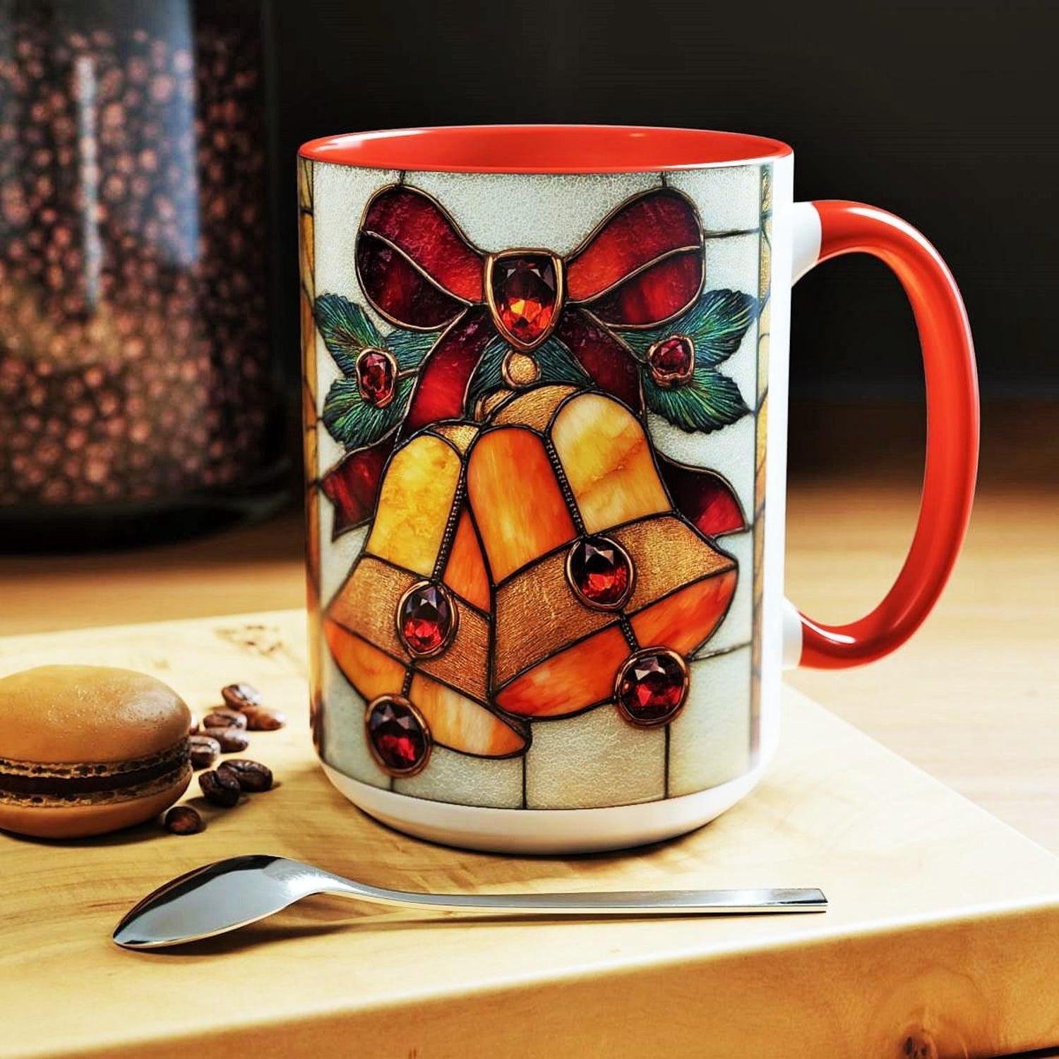 Stained Glass Christmas Bells Mug Holiday Ribbon Coffee Cup Vintage ...
