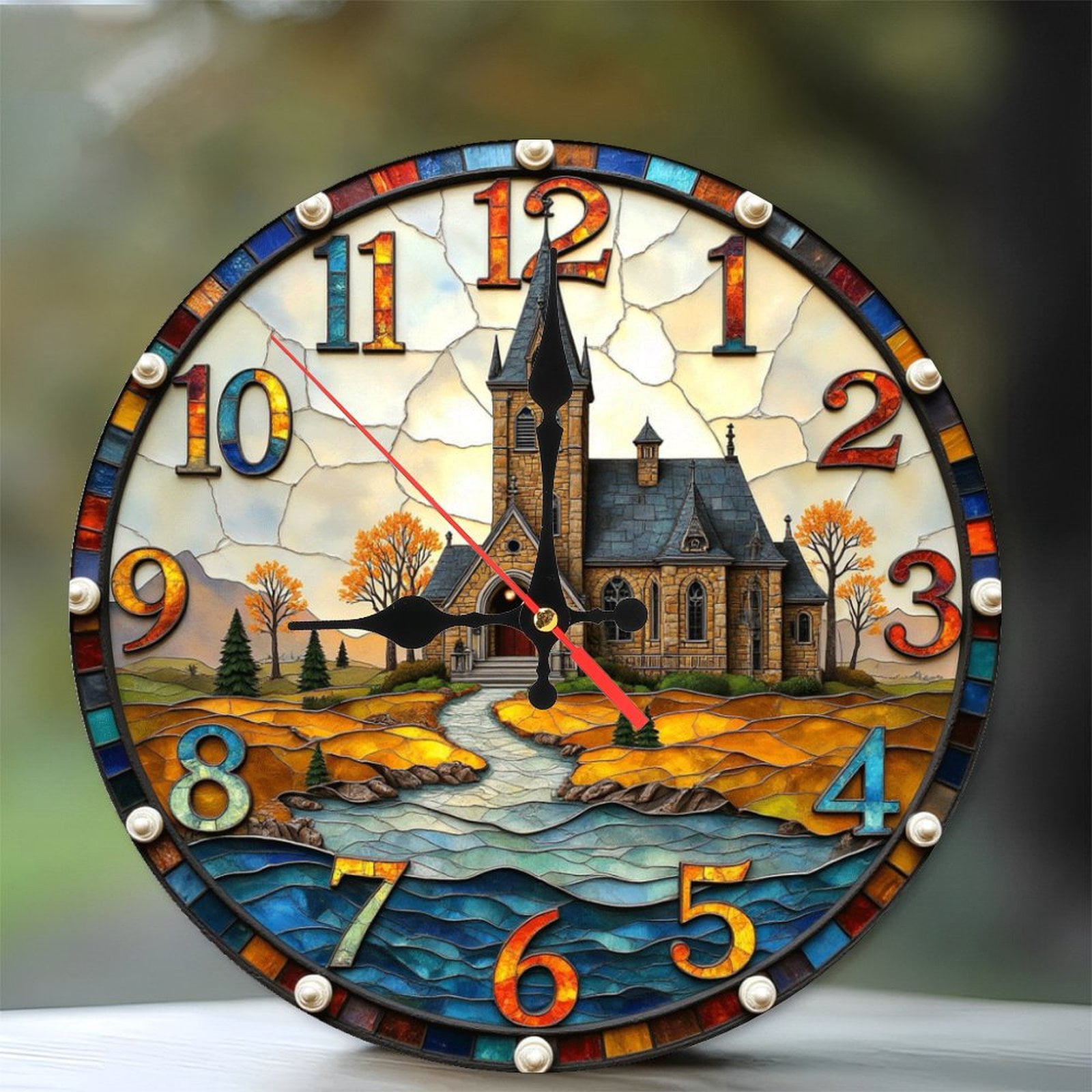 Stained Glass Church Wall Clock with Nature Scene 10-Inch Silent Wooden ...