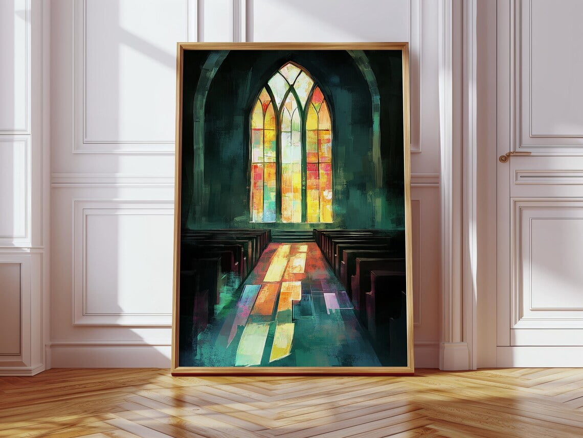 Stained Glass Church Window Art Print, Vibrant Light And Pew Scene ...