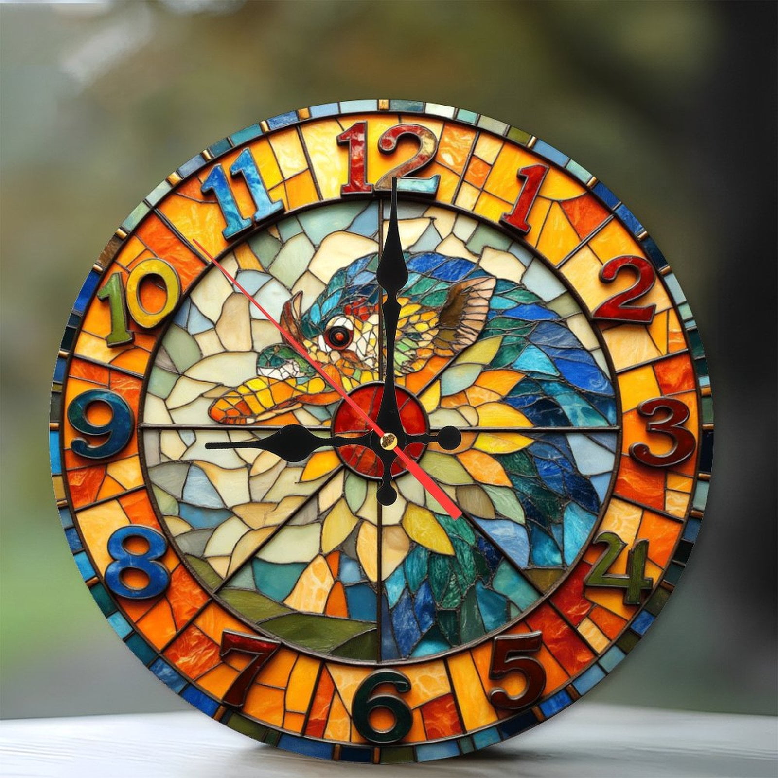 Stained Glass Colorful Wall Clock with Bird Design Decor 10-Inch Silent ...