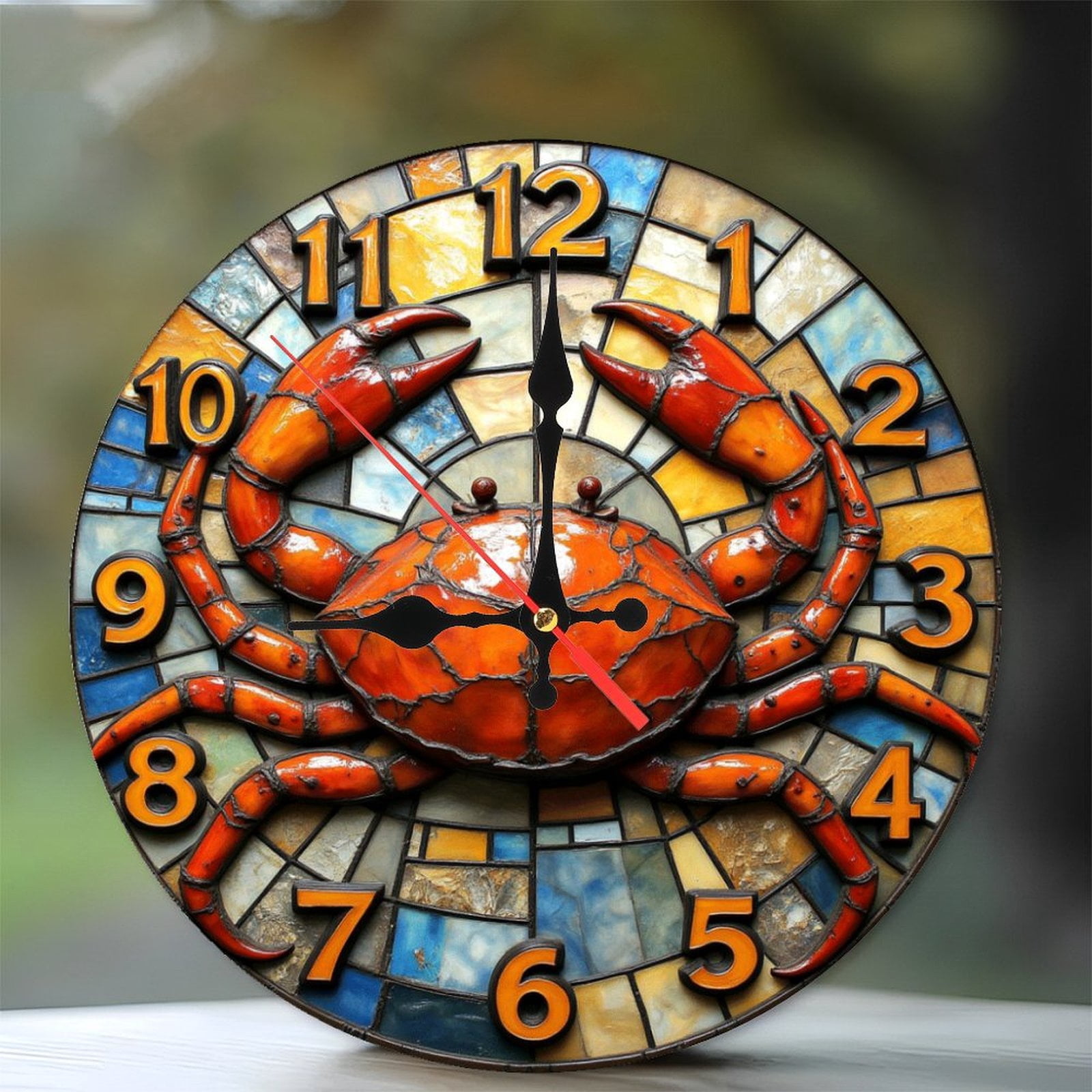 Stained Glass Crab Wall Clock for Home Decor 10-Inch Silent Wooden Wall ...
