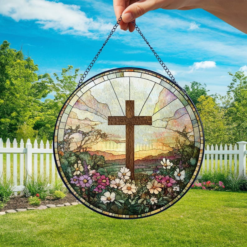 Stained Glass Cross And Wildflowers, Suncatcher Chriss.tian Glass ...