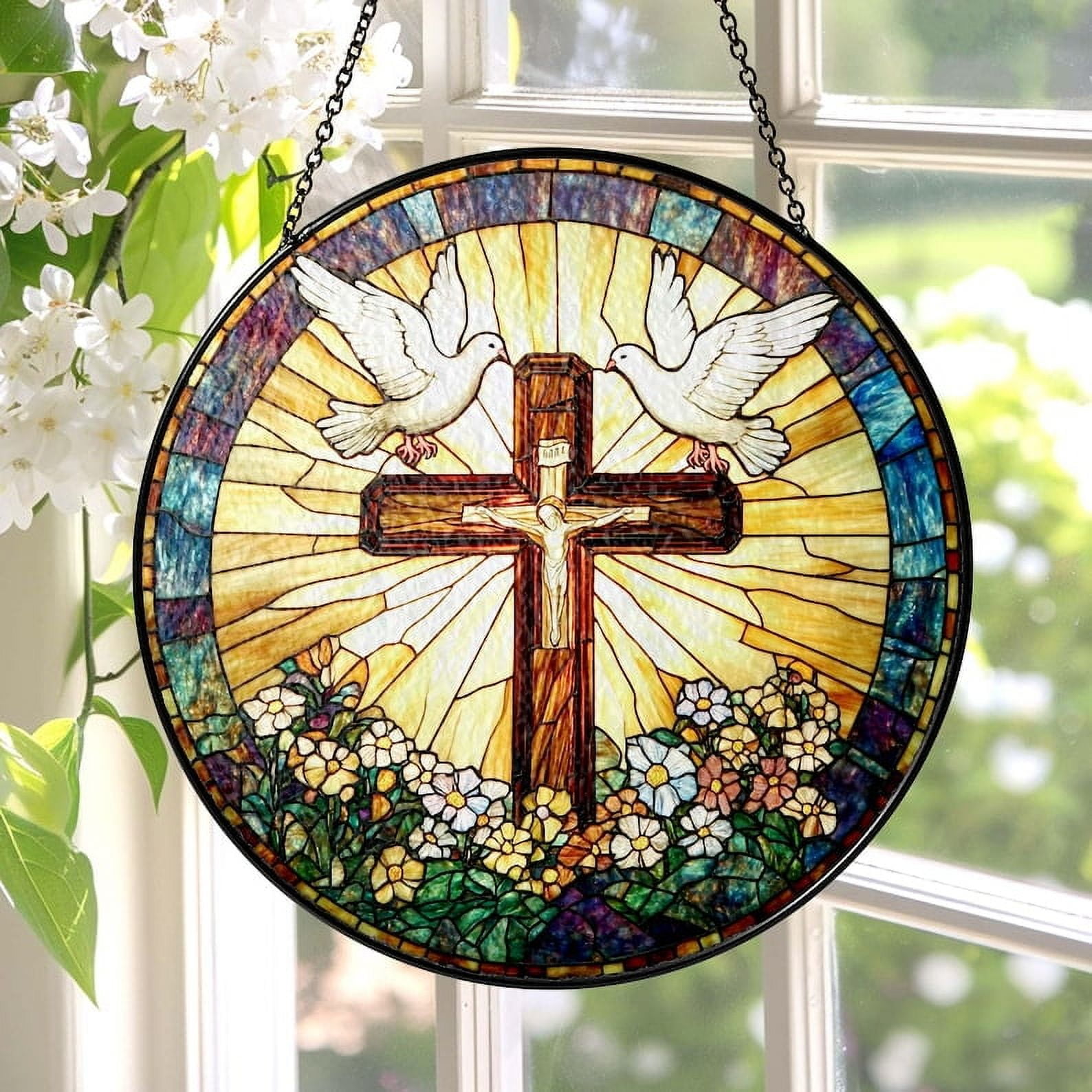 Stained Glass Cross And Wildflowers Suncatcher, Christian Glass Windows ...