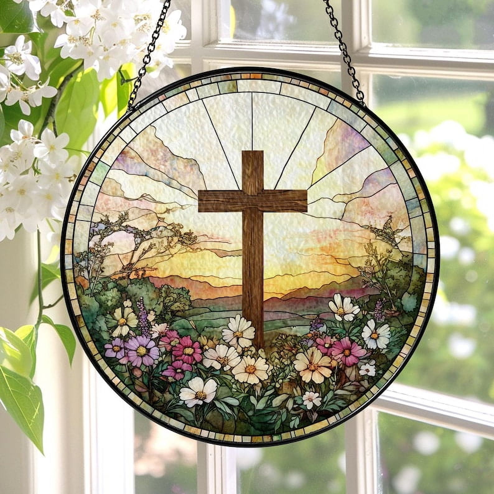 Stained Glass Cross And Wildflowers Suncatcher, Christian Glass Windows Hanging, Flower Cross ...