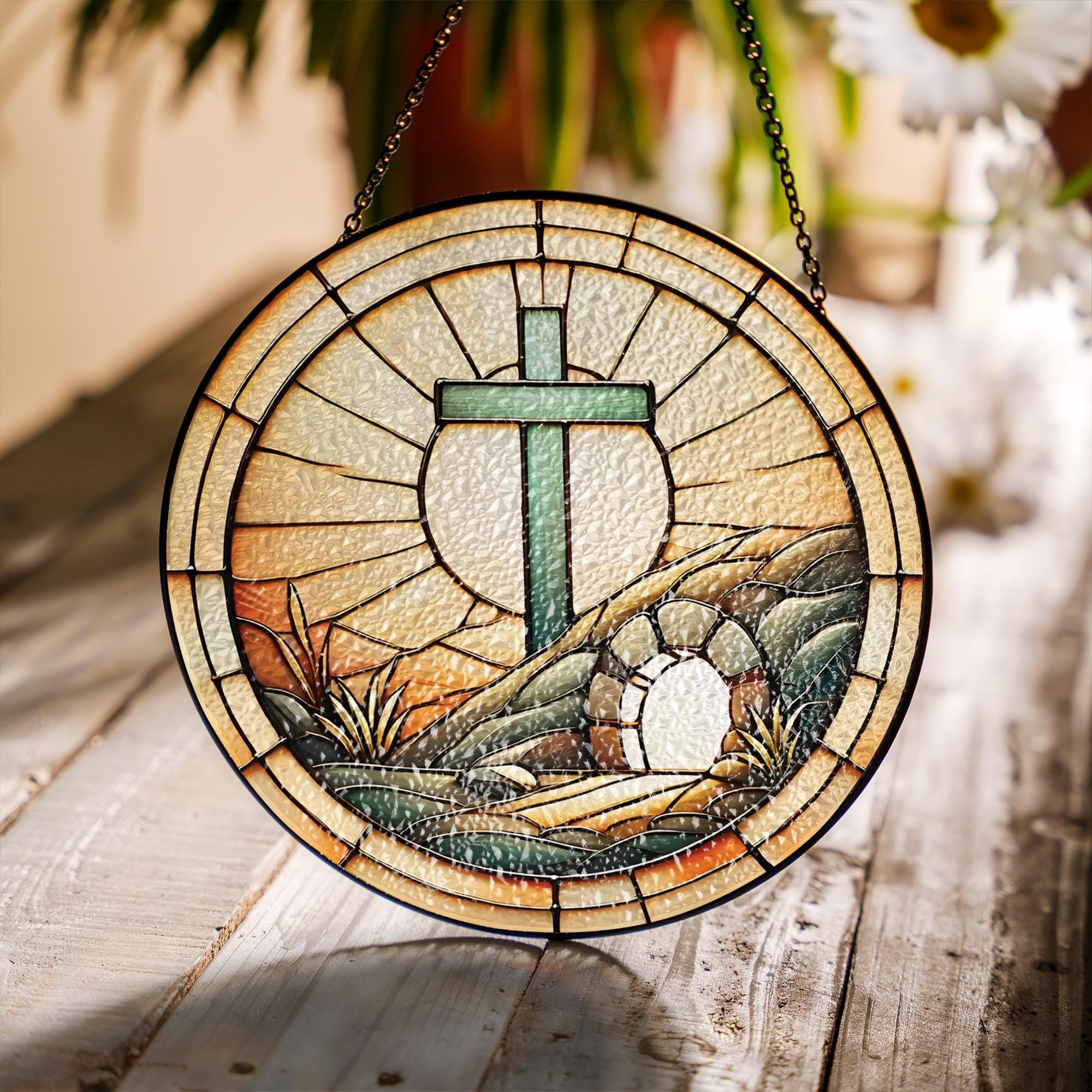 Stained Glass Cross Suncatcher, Christian Window Hanging, Floral Cross ...