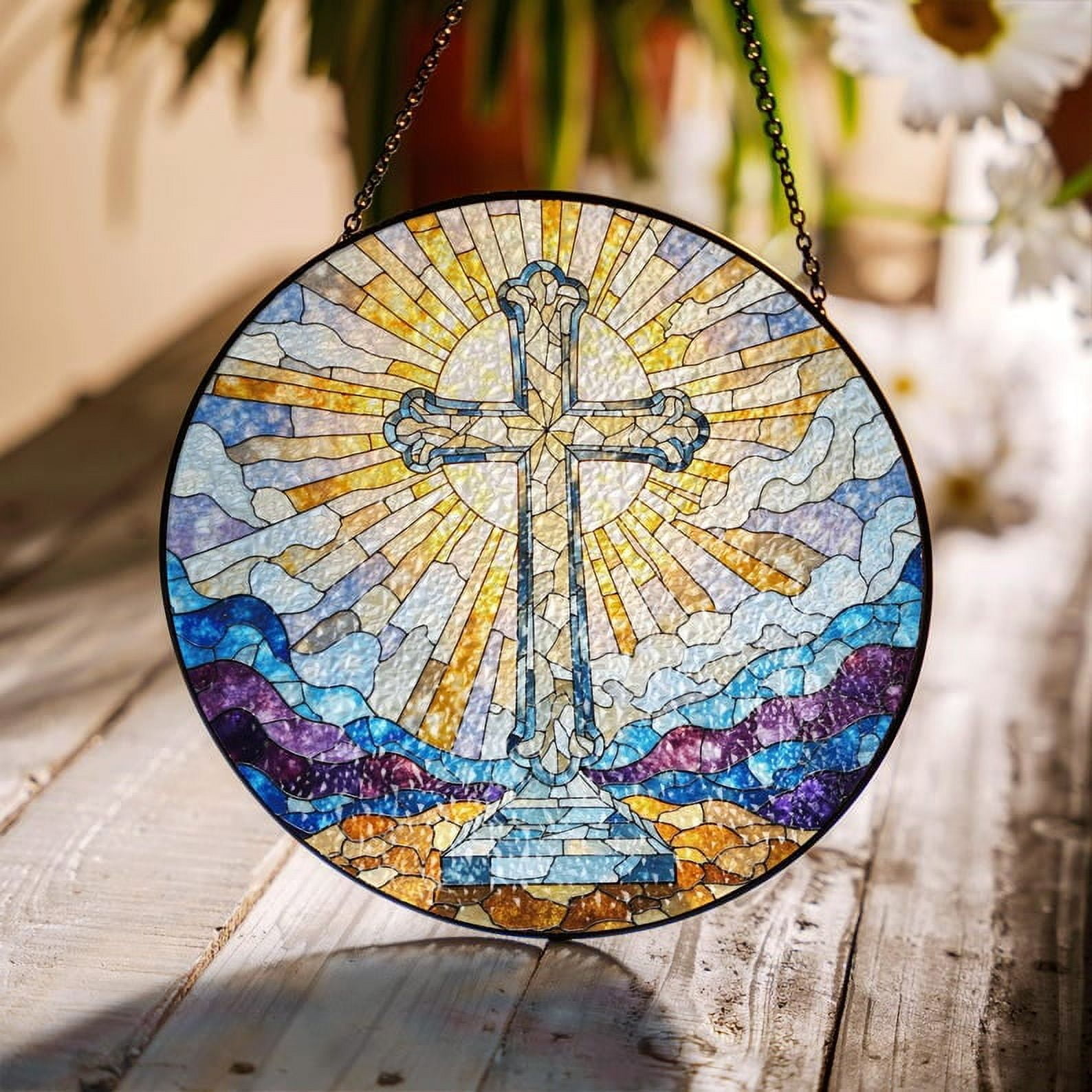 Stained Glass Cross Suncatcher With Colorful Rays Of Light Handmade ...