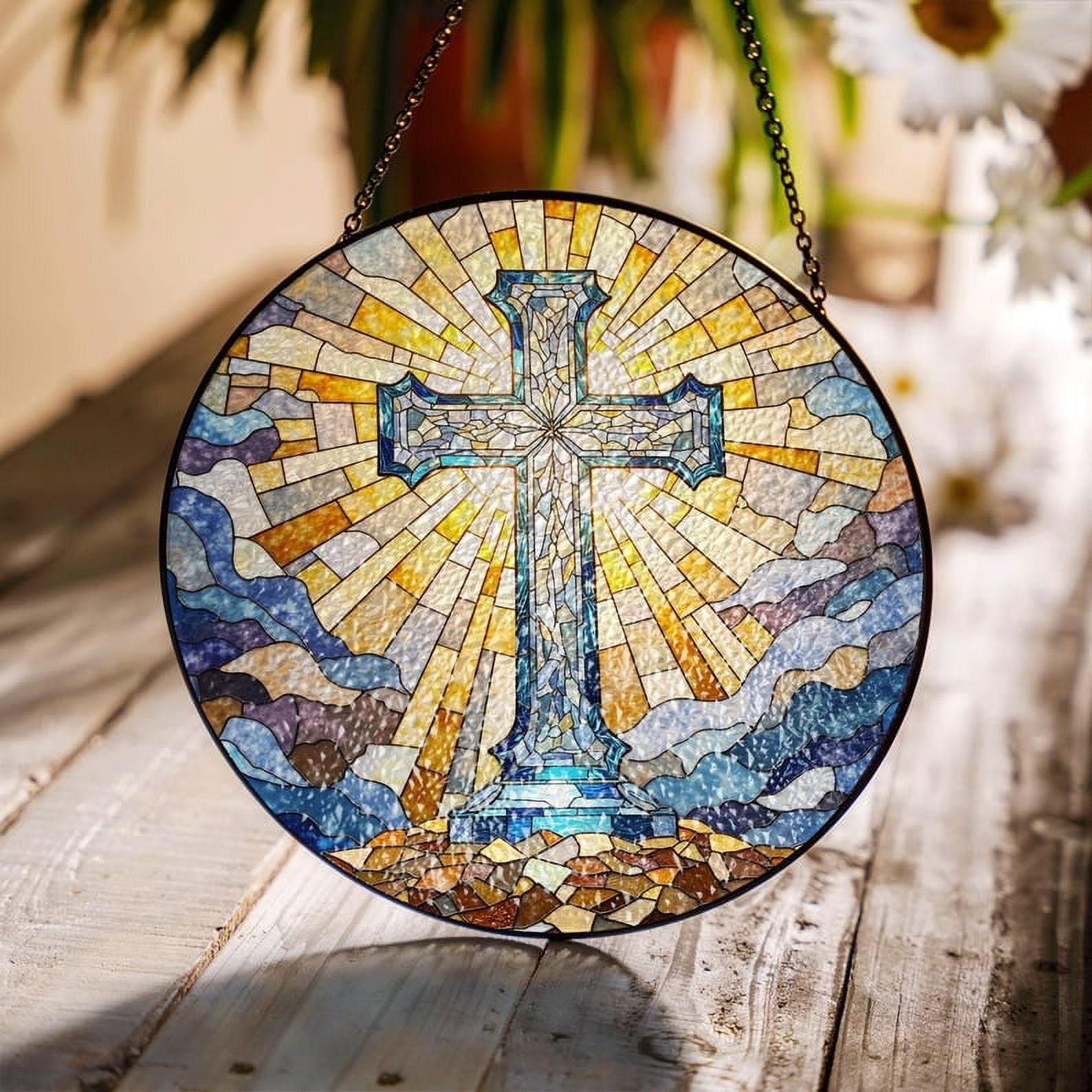 Stained Glass Cross Suncatcher with Sunburst Design, Religious Gift for ...