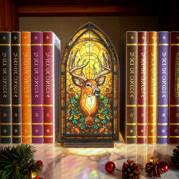 Stained Glass Deer Book Nook, Christmas Themed Bookend, Cozy Holiday ...