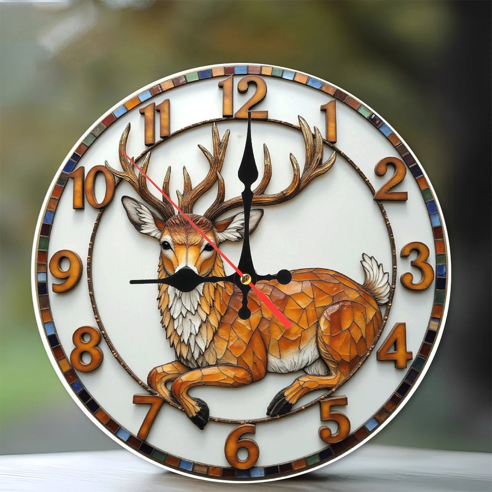 Stained Glass Deer Wall Clock with Colorful Design 10-Inch Silent ...