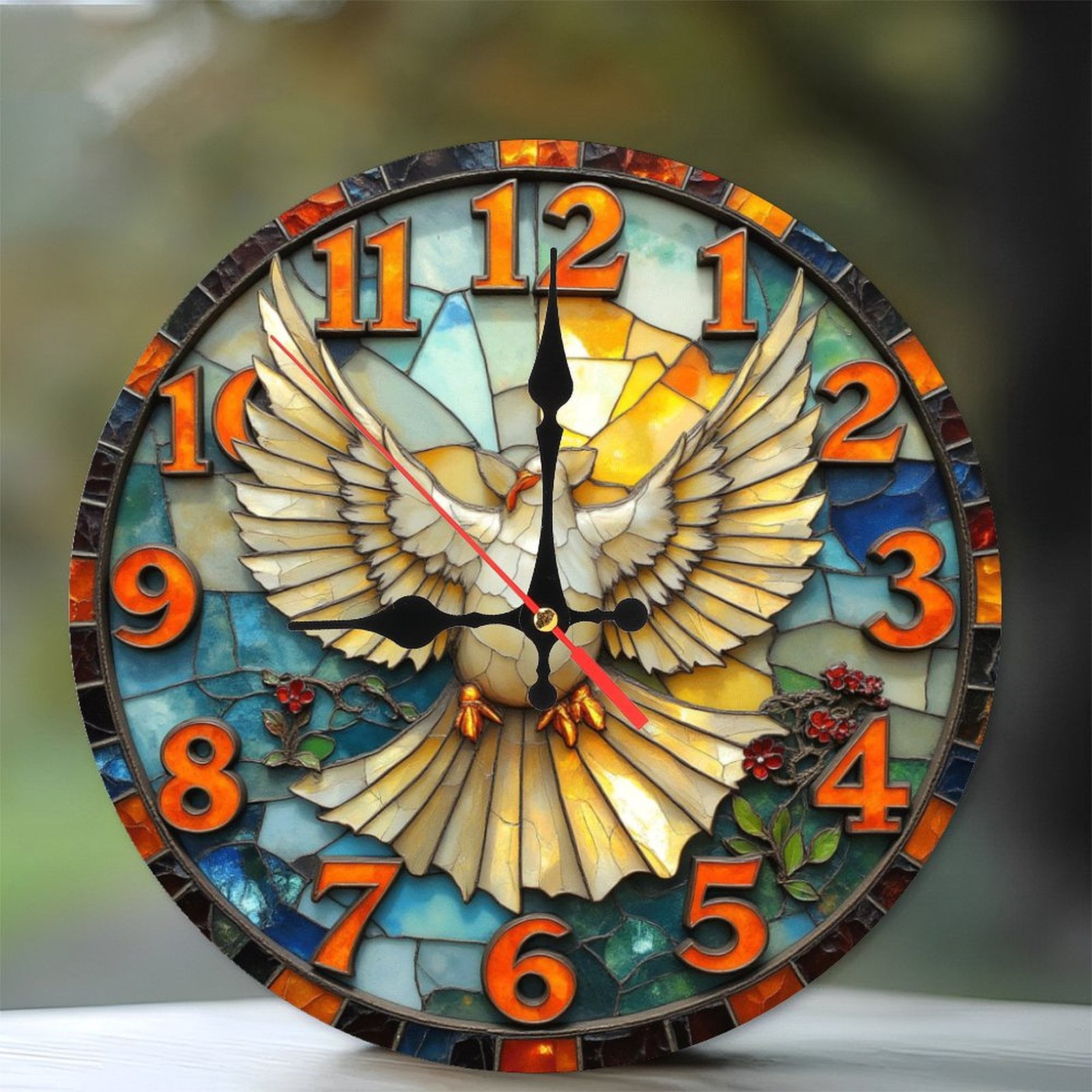 Stained Glass Dove Wall Clock Home Decor Unique 10-Inch Silent Wooden ...