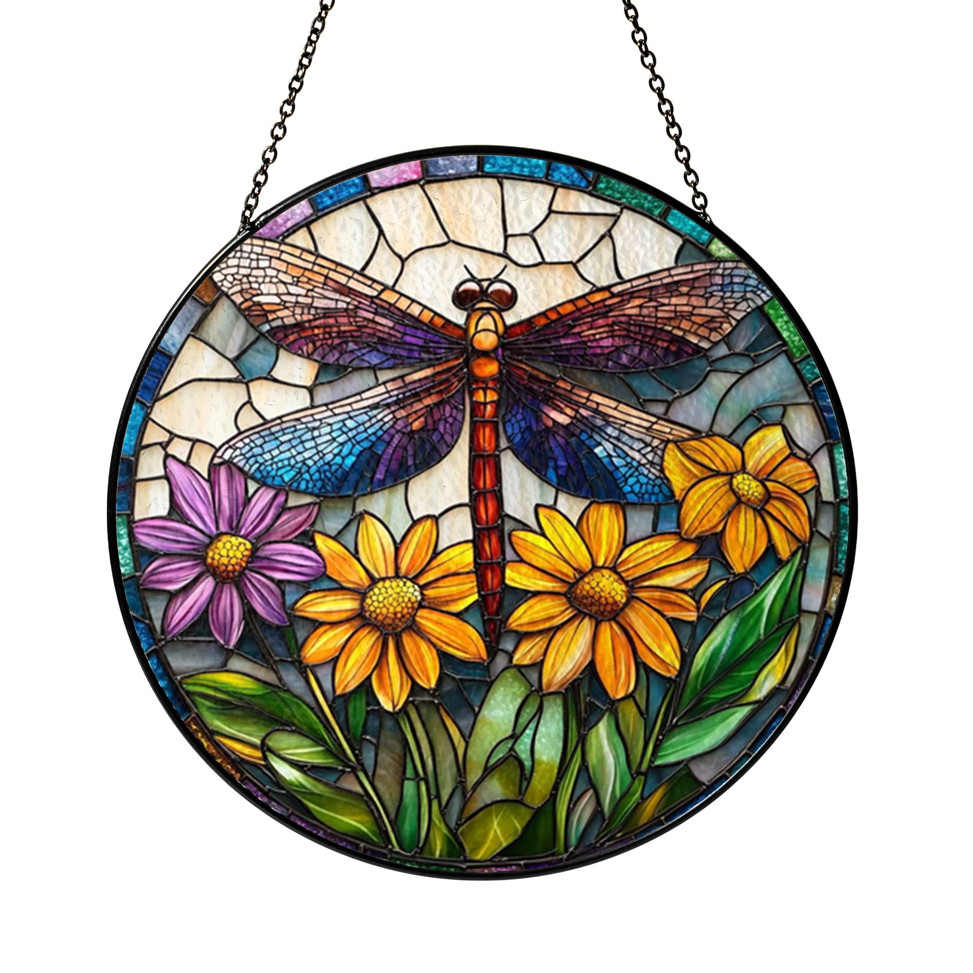 Stained Glass Dragonfly Floral Window Hanging Art2101 - Walmart.com