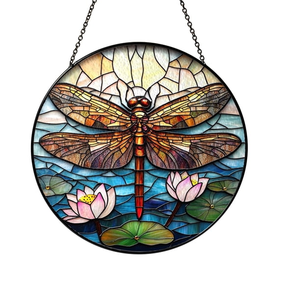 Stained Glass Dragonfly Suncatcher with Circular Nature Composition ...