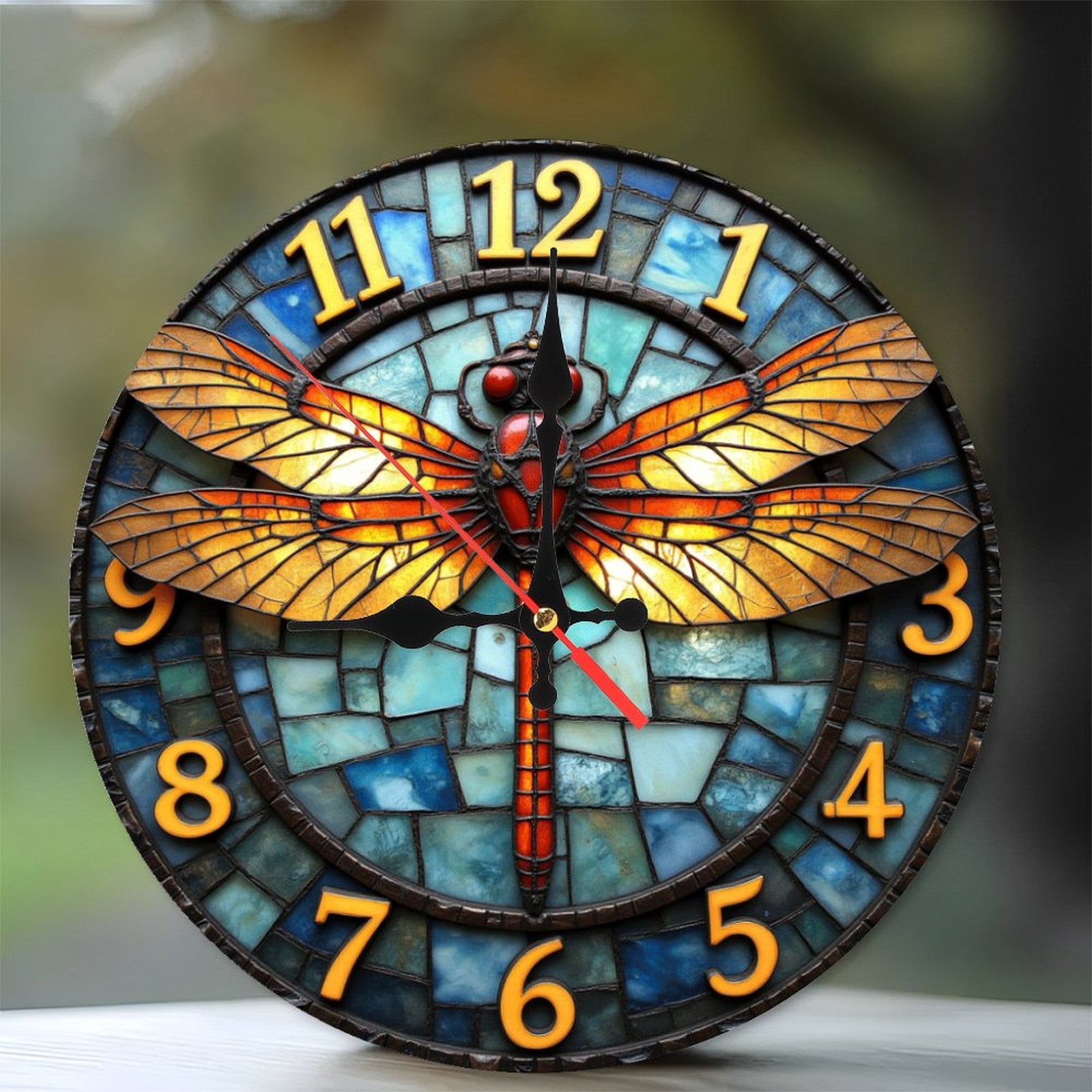 Stained Glass Dragonfly Wall Clock Art Home Decor 10-Inch Silent Wooden ...