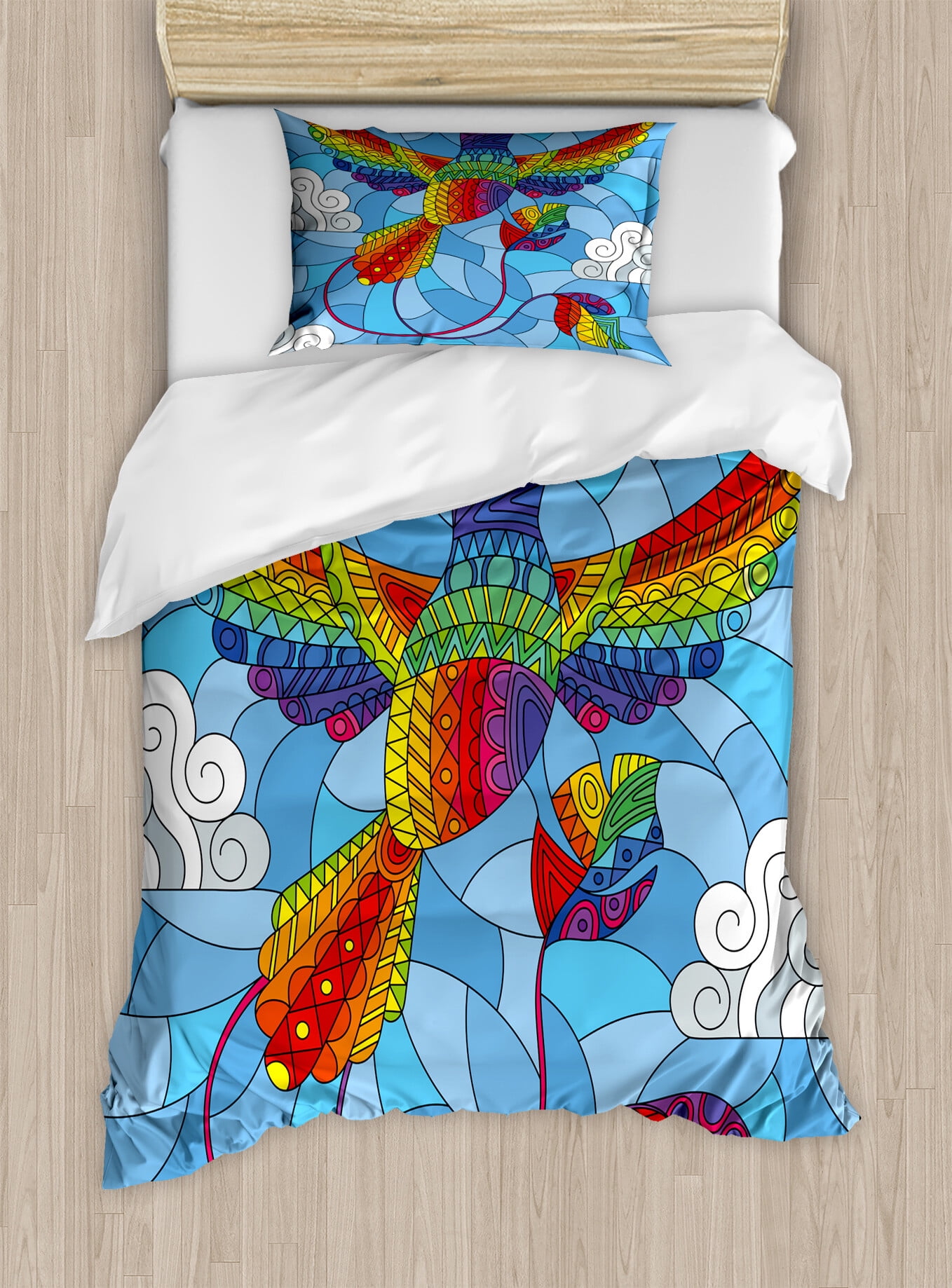 Stained Glass Duvet Cover Set, Hummingbird Clouds Sky Mosaic ...