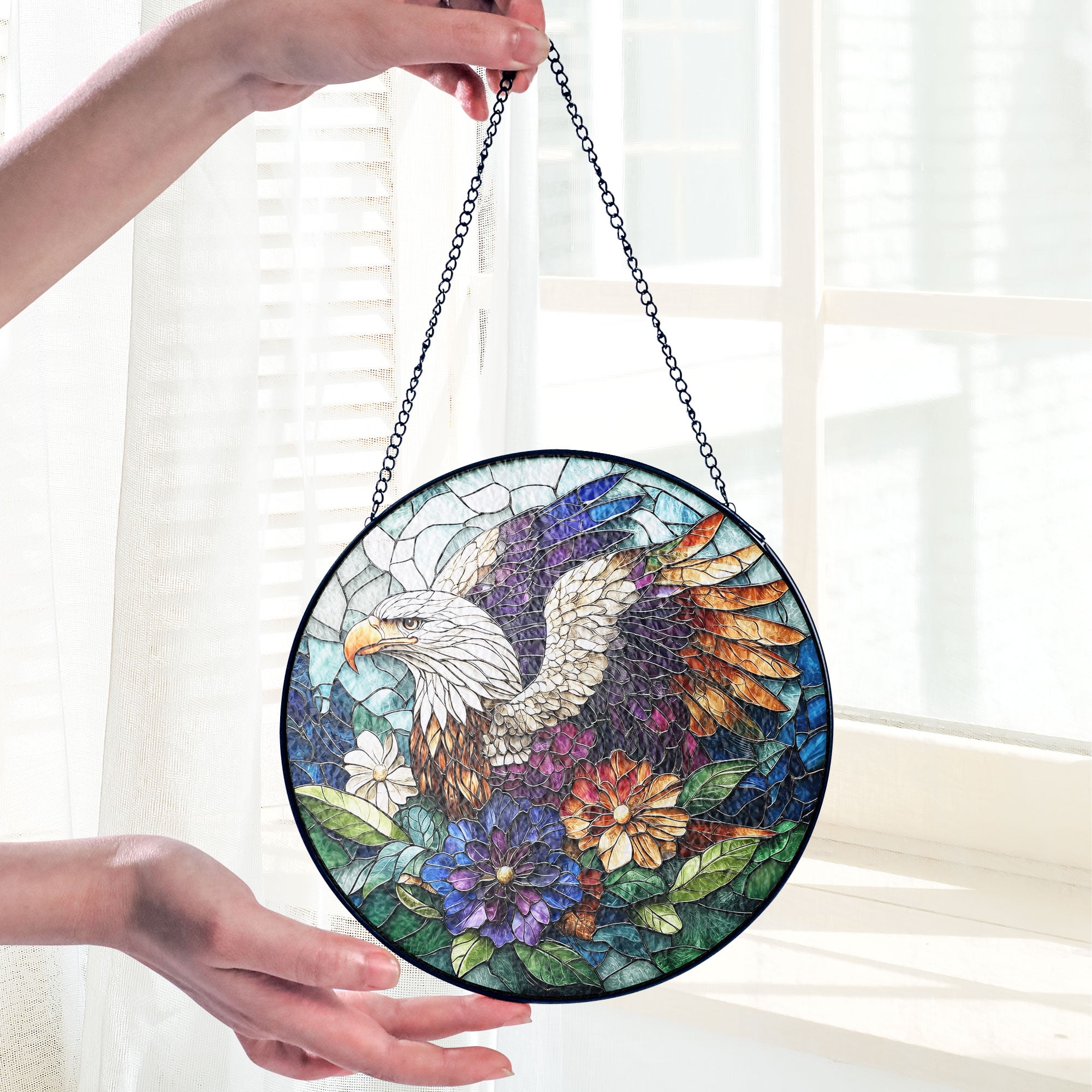 Stained Glass Eagle with Flowers Suncatcher – Majestic Home Decor ...