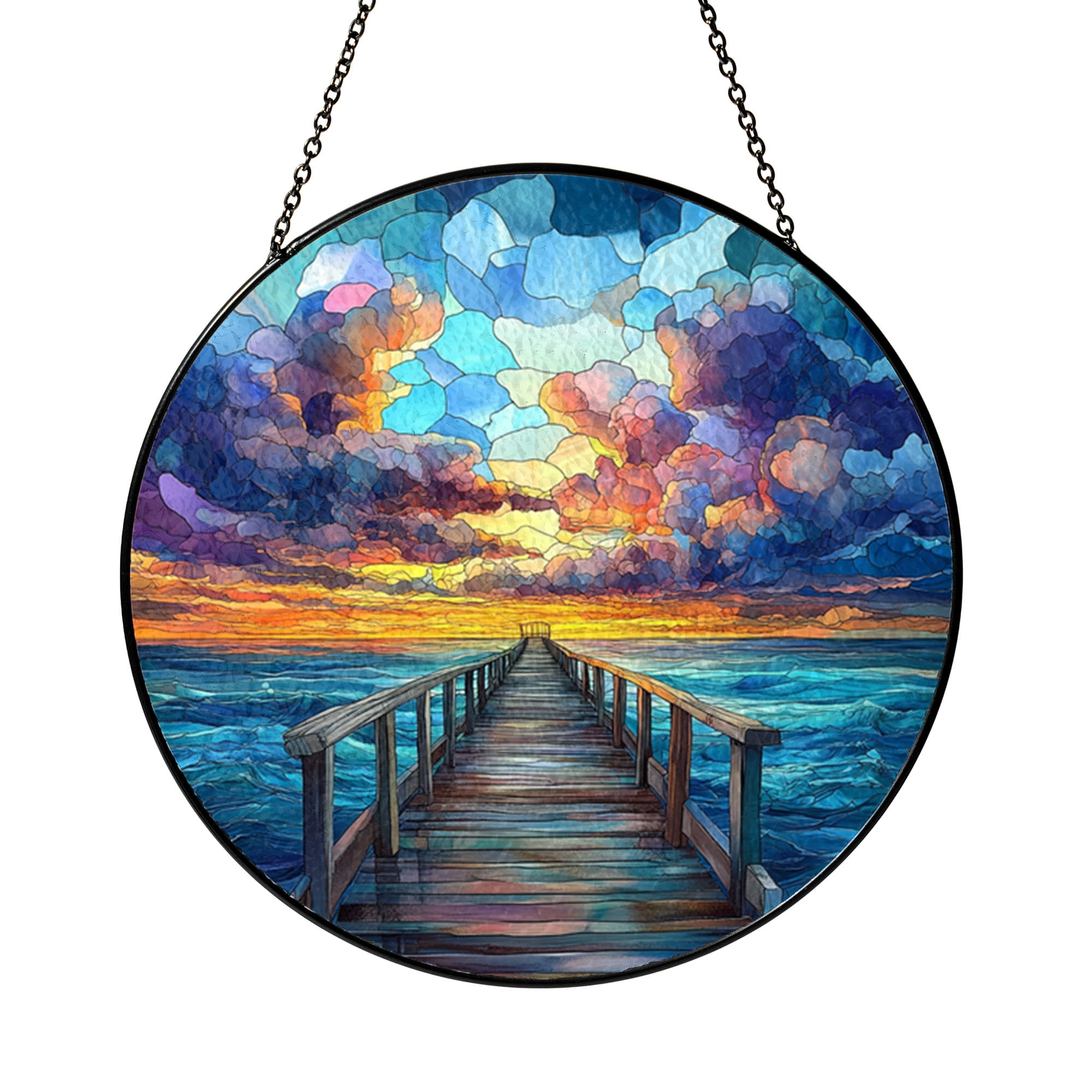 Stained Glass Effect Sunset Pier Suncatcher, Round Ocean Horizon Window ...
