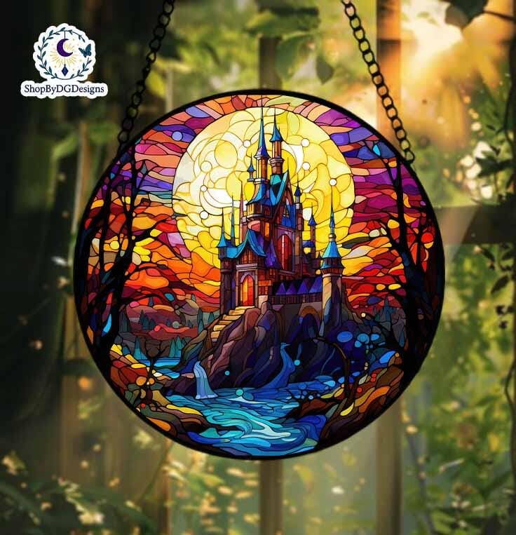 Stained Glass Fantasy Castle, Vibrant Castle Window Art, Magical Castle ...