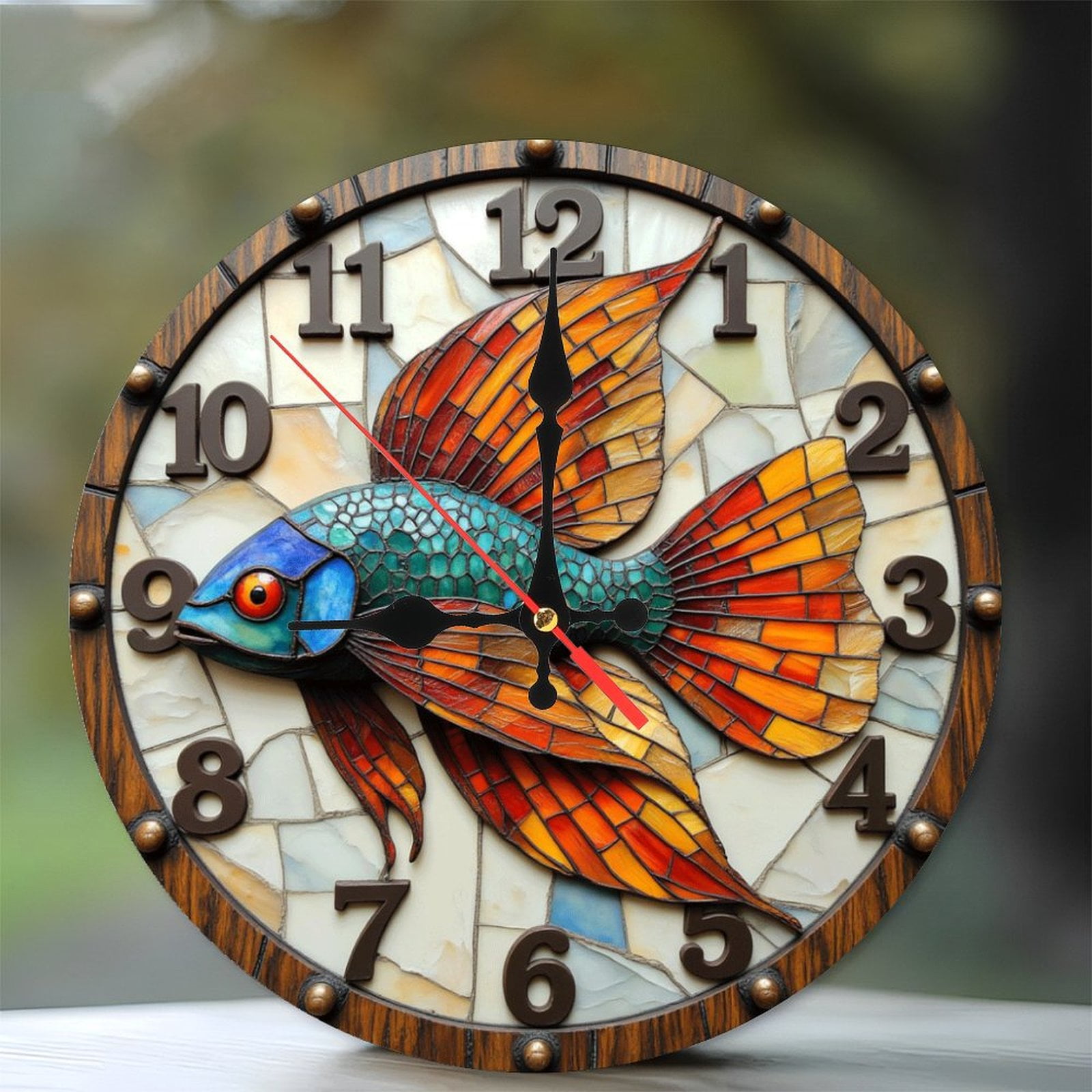 Stained Glass Fish Wall Clock Decorative Sculpture 10-Inch Silent ...